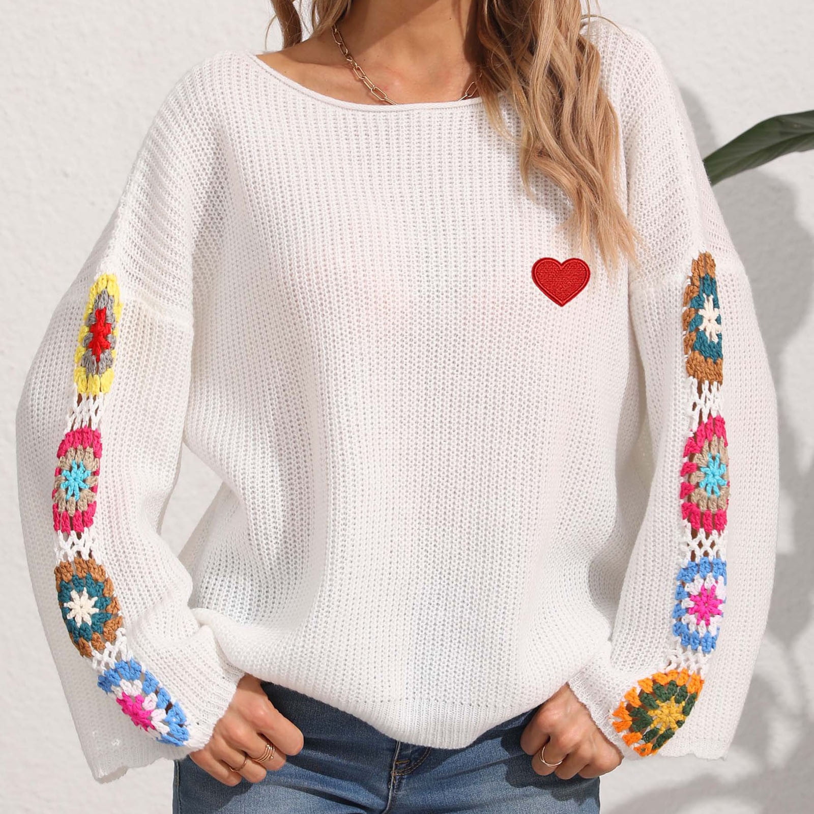 AGWOLF Oversized Sweater for Women Cozy Boat Neck Floral Crochet Knit ...