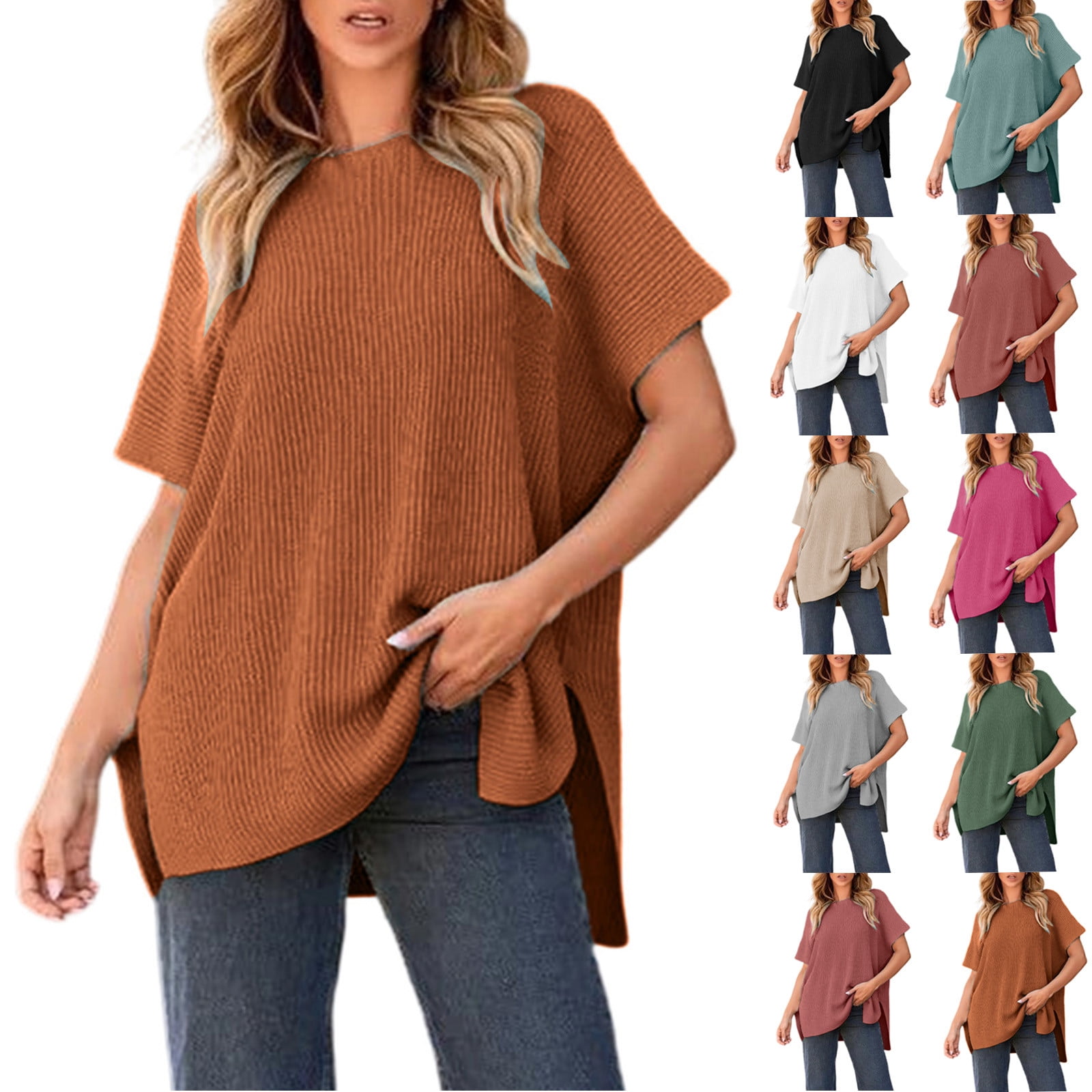 AGWOLF Oversized Tops for Women Short Sleeve Ribbed Knit Sweaters Boat ...