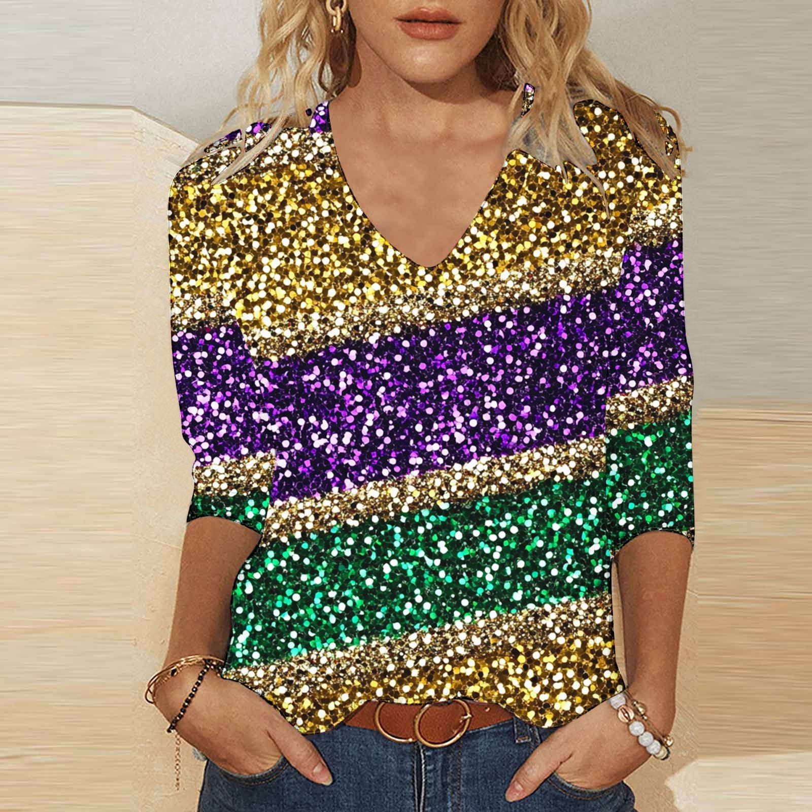 AGWOLF Plus Size Mardi Gras Shirt for Women Crewneck 3/4 Sleeve Tops ...