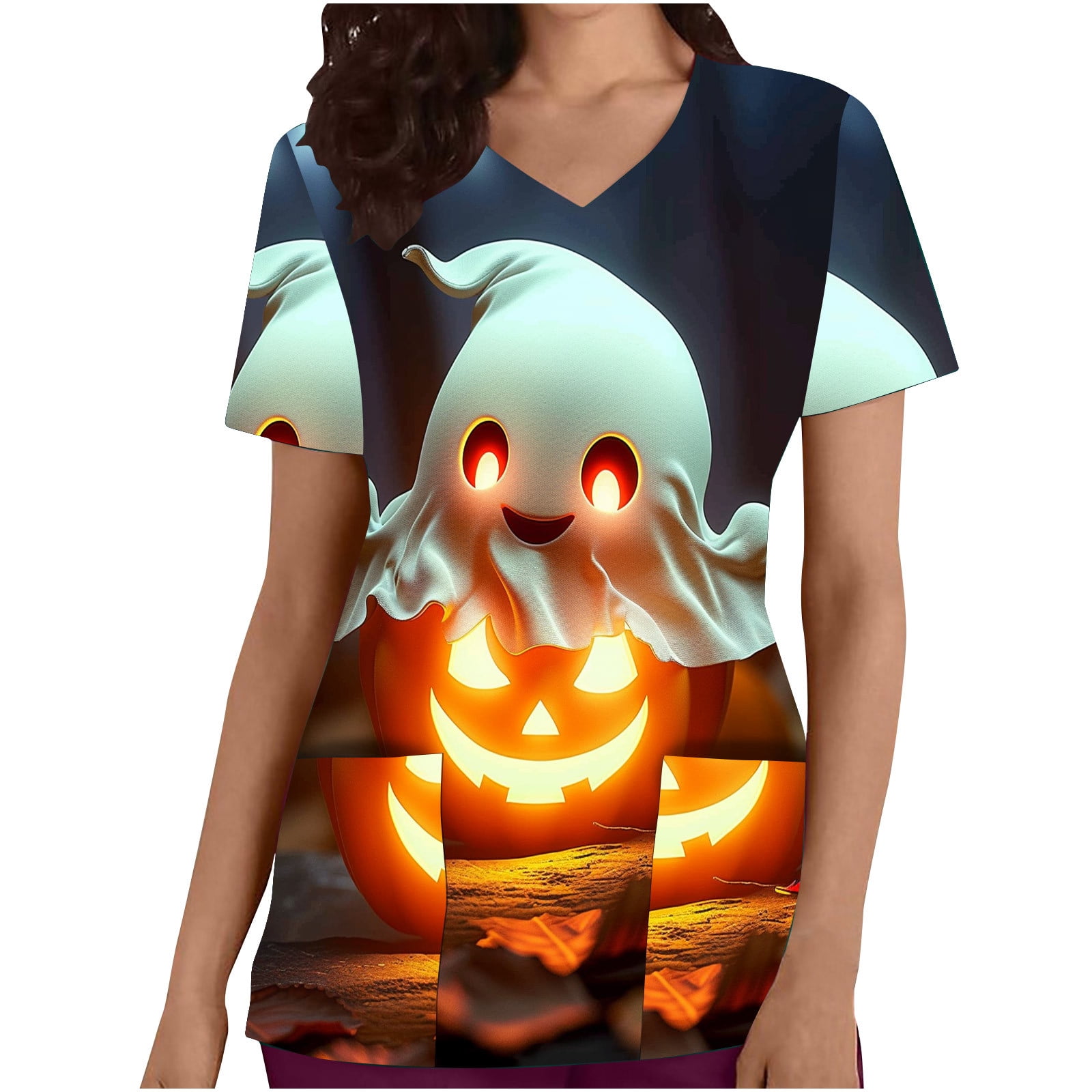 AGWOLF Print Scrub Tops for Women Funny Ghost Print Scrubs Short Sleeve ...