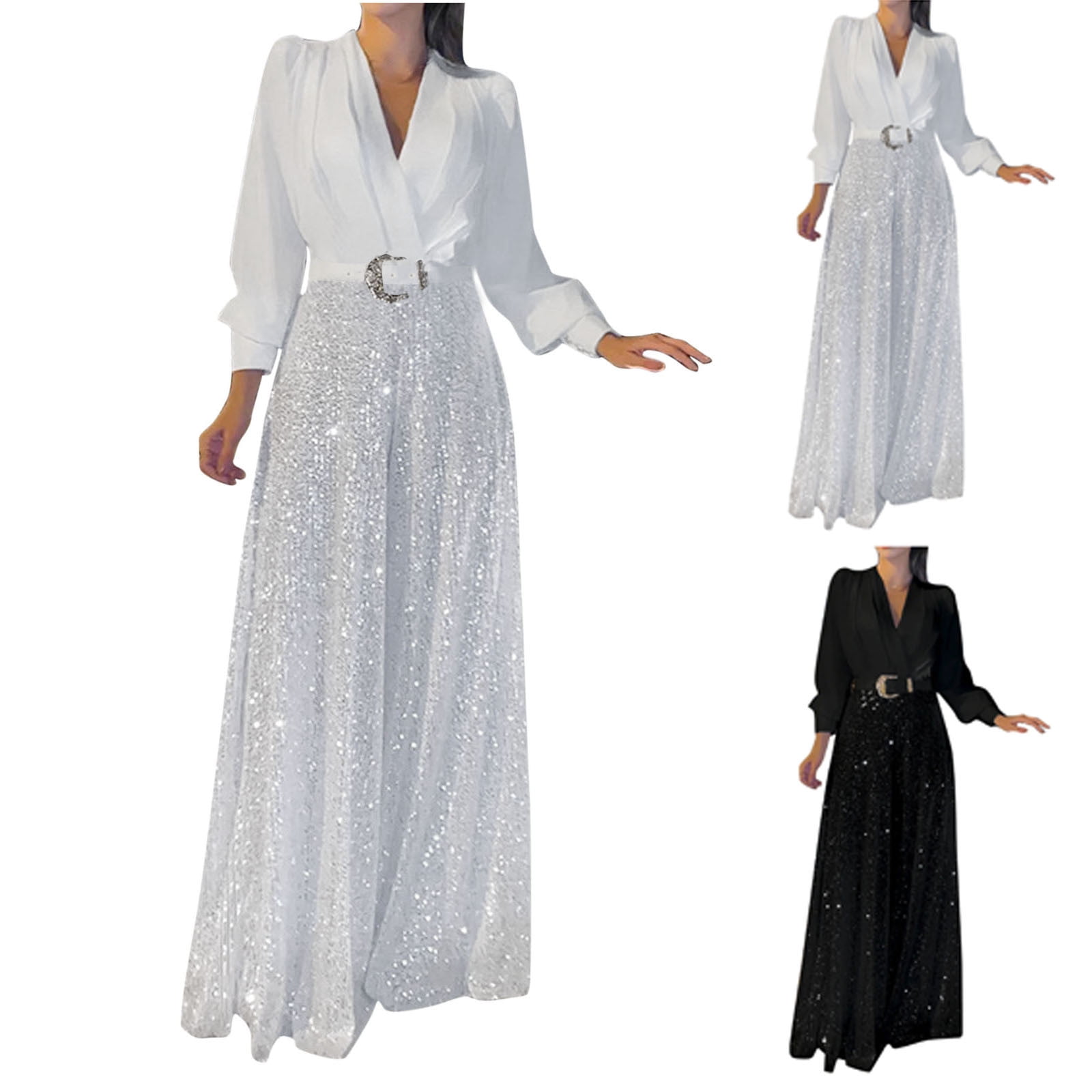 AGWOLF Sequin Jumpsuits for Women Deep V Neck Long Sleeve Rompers ...