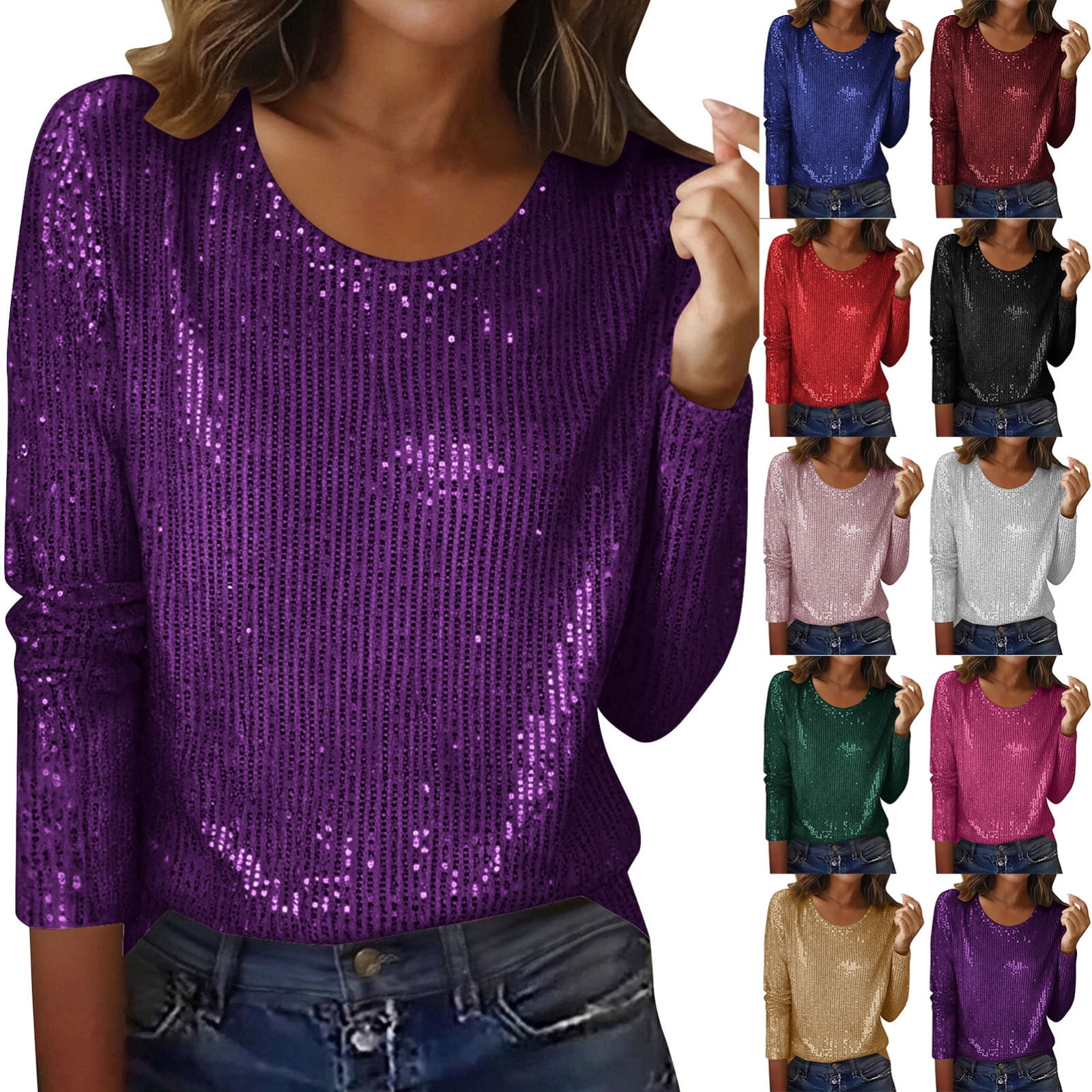 AGWOLF Sequin Tops for Women Sparkly Long Sleeve Shirts Crew Neck ...