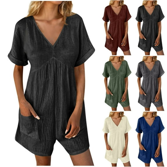 AGWOLF Short Sleeve Rompers for Women Dressy V Neck Shorts Jumpsuits ...
