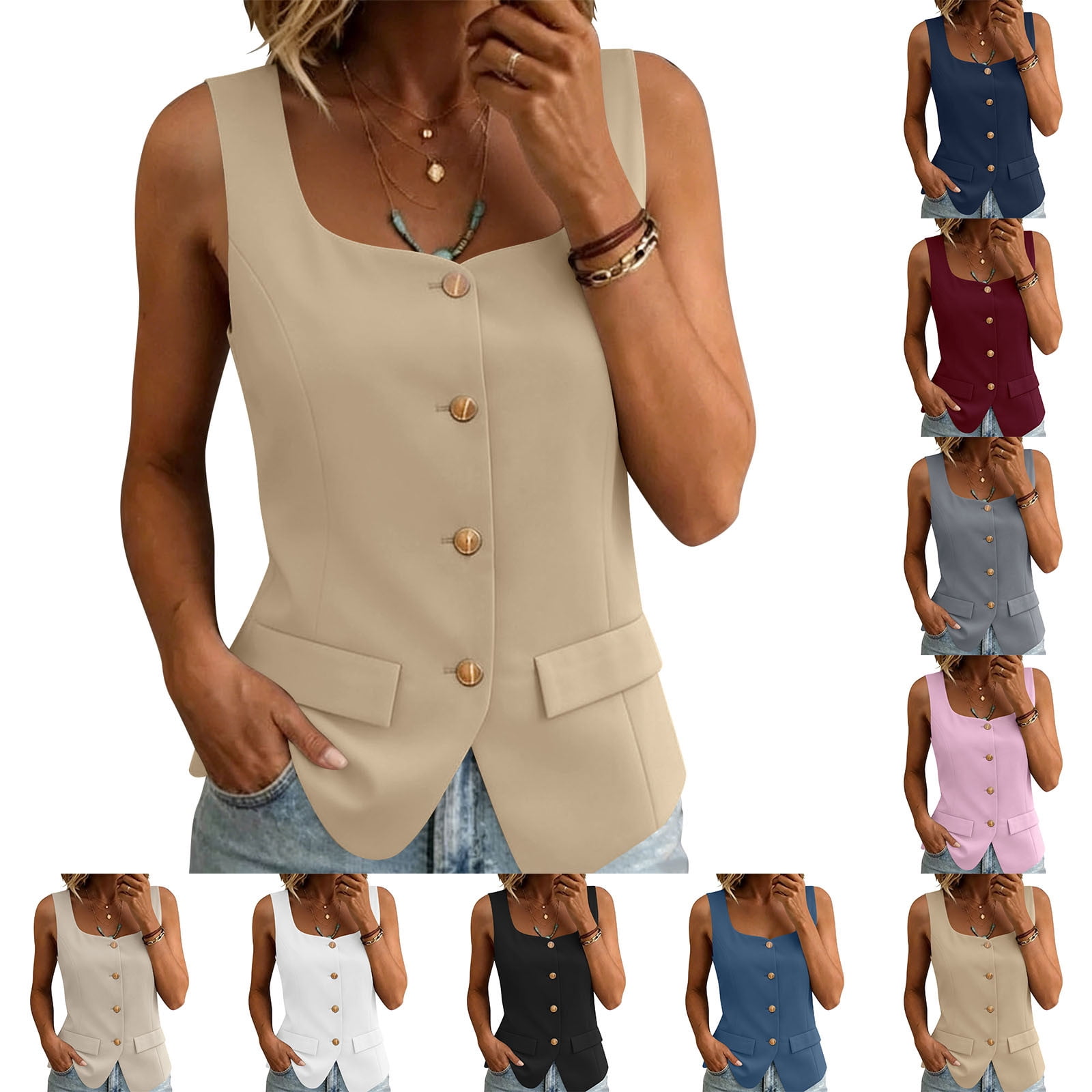 AGWOLF Sleeveless Suit Vest Tops for Women Business Casual Square Neck ...
