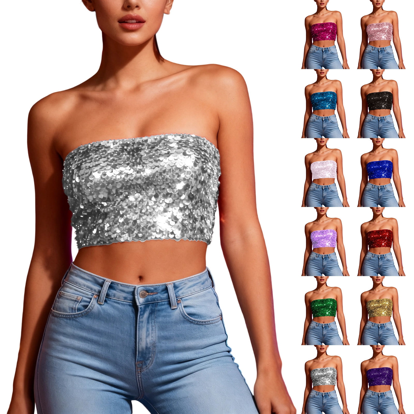 AGWOLF Sparkly Sequin Mermaid Crop Tops Strapless Metallic Tube Top ...