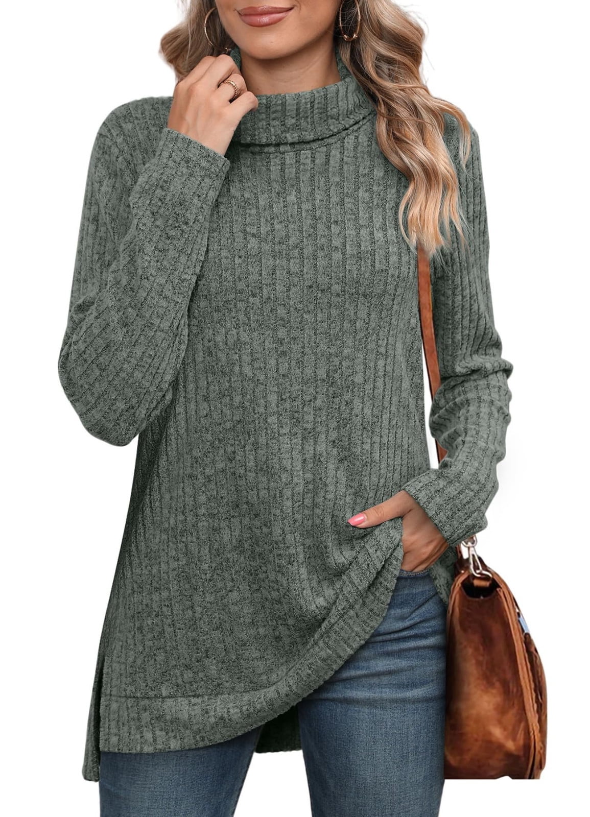 AGWOLF Turtleneck Sweater for Women Casual Long Sleeve Knit Tunic Tops ...