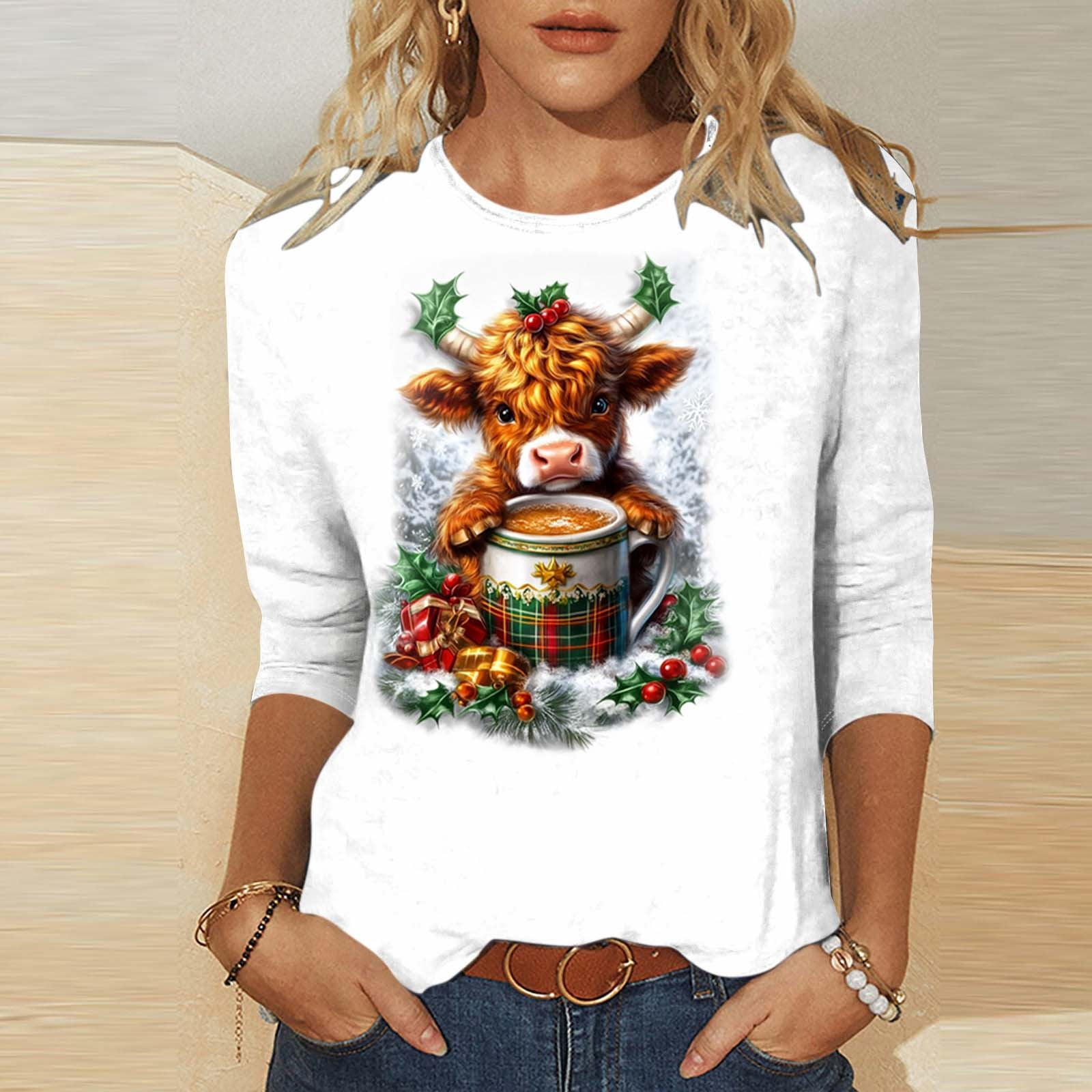 AGWOLF Ugly Christmas Sweatshrist for Women Casual 3/4 Sleeve Holiday ...