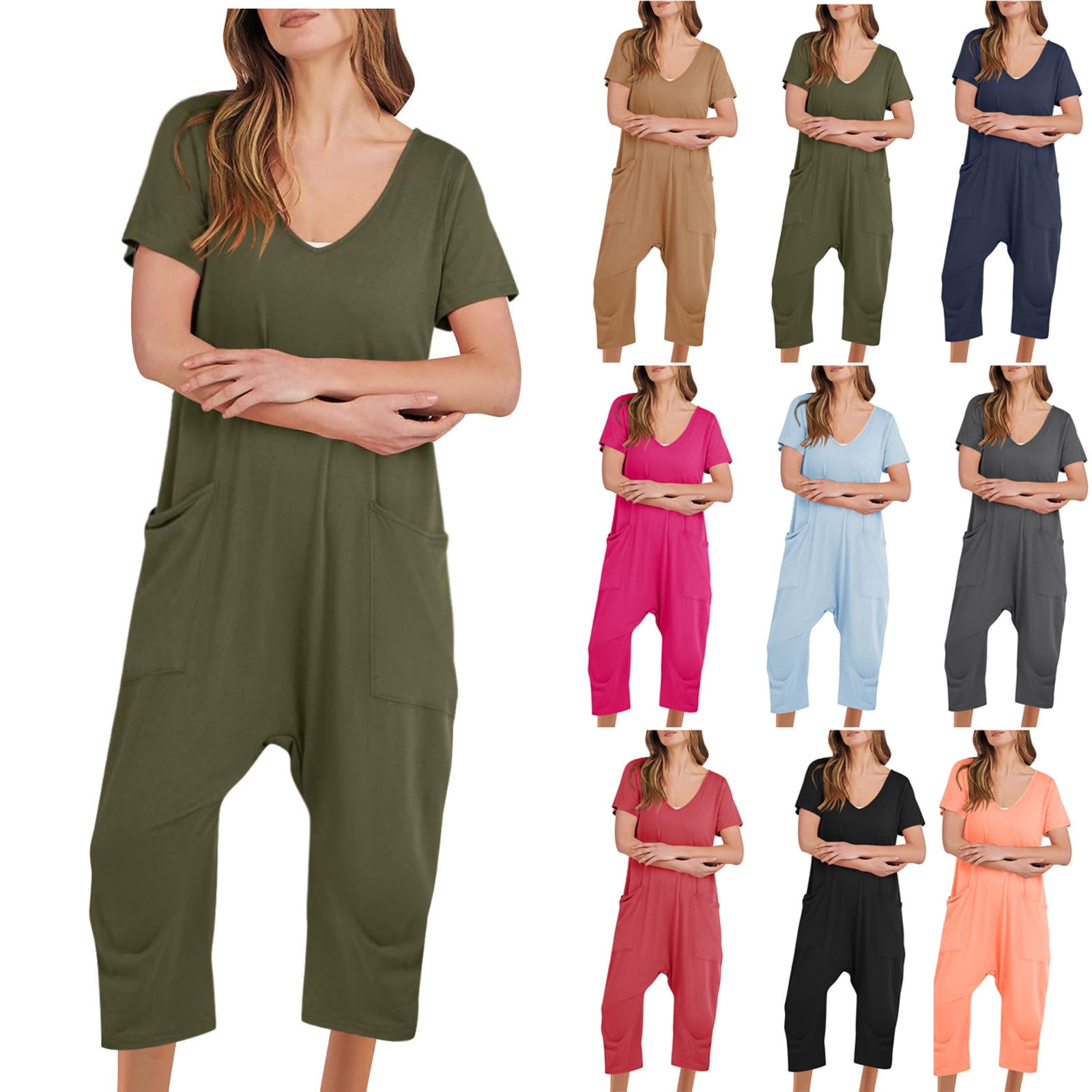 AGWOLF V Neck Onesie for Women Pajama One Piece Sets Baggy Short Sleeve ...