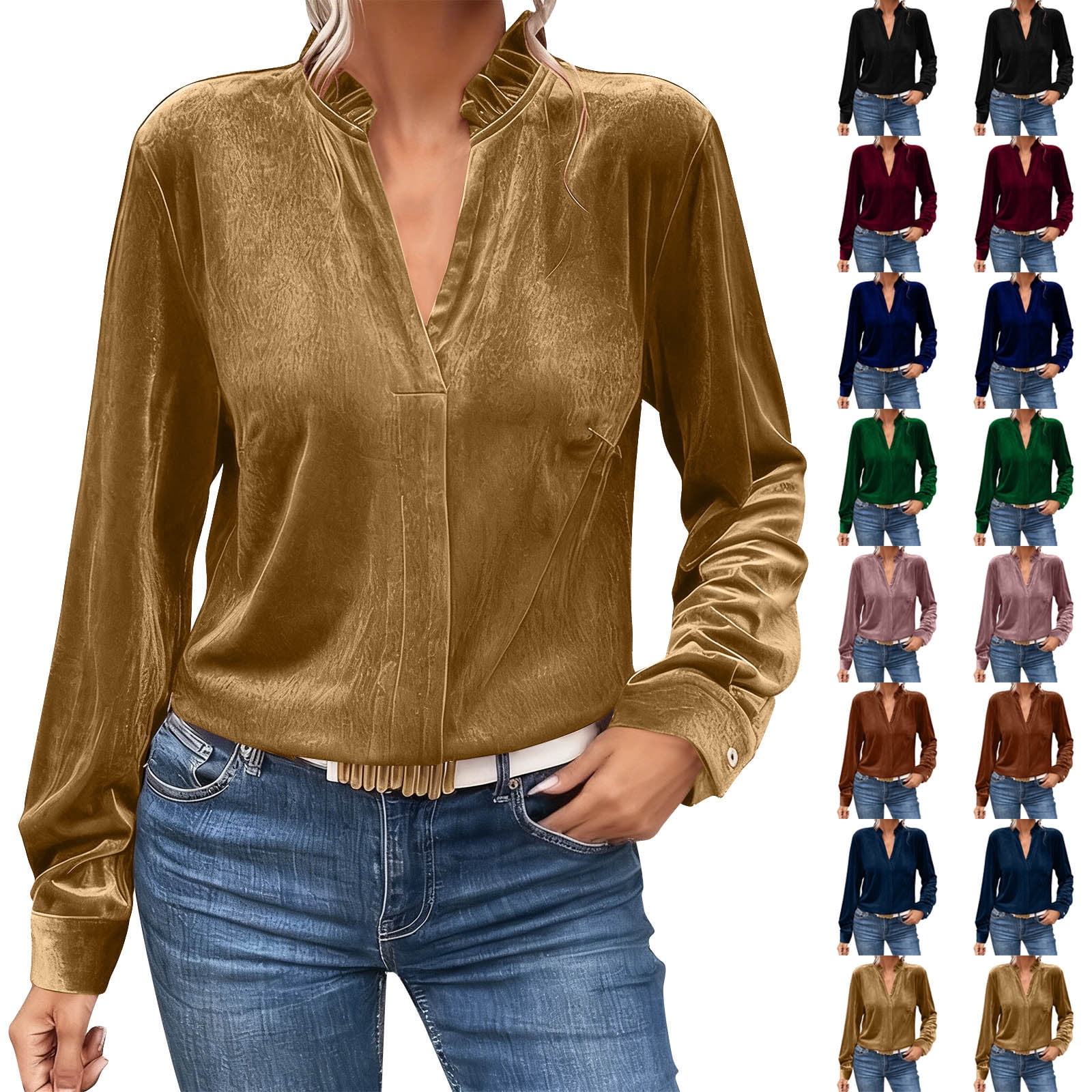AGWOLF Velvet Tops for Women Vintage Long Sleeve Shirts V Neck Elegant ...