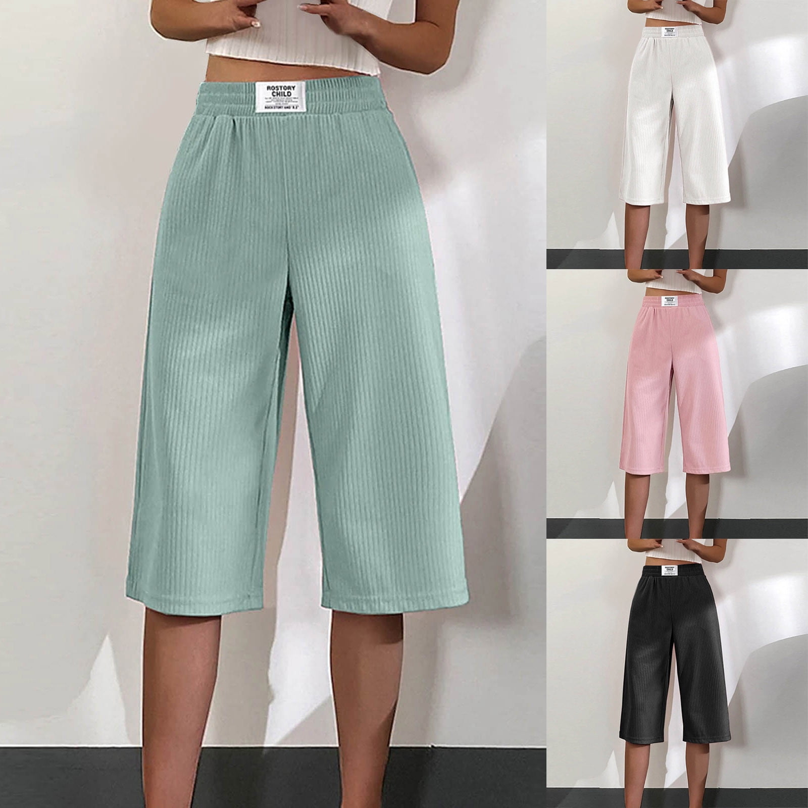 AGWOLF Wide Leg Capris for Women High Waist Textured Crop Pants Elastic ...