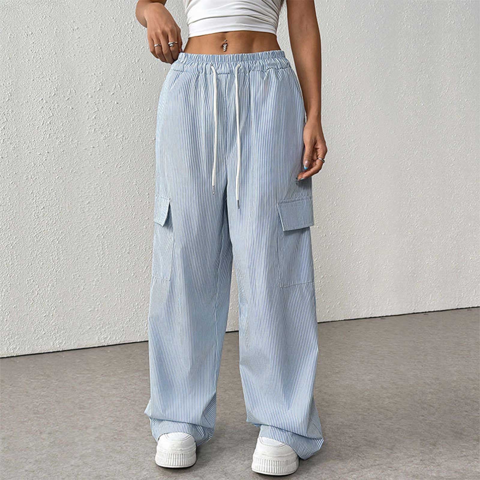 AGWOLF Wide Leg Parachute Pants for Women Baggy Cargo Striped Trousers ...