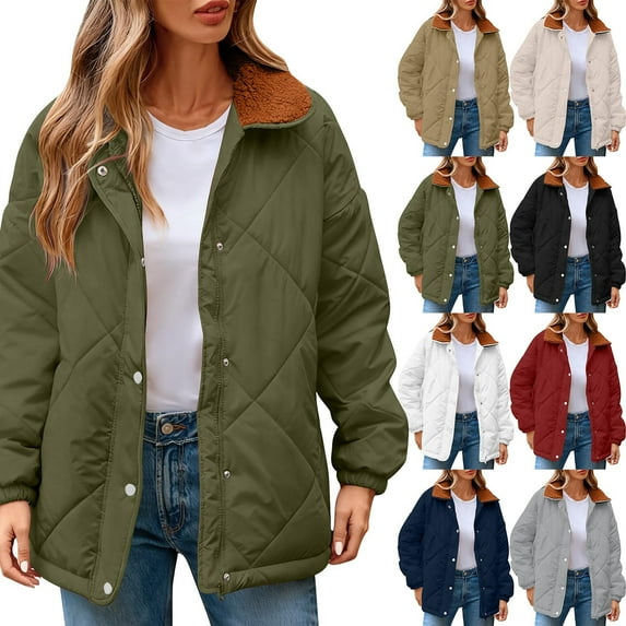 AGWOLF Winter Coats for Women Long Sleeve Button Down Puffer Jacket ...