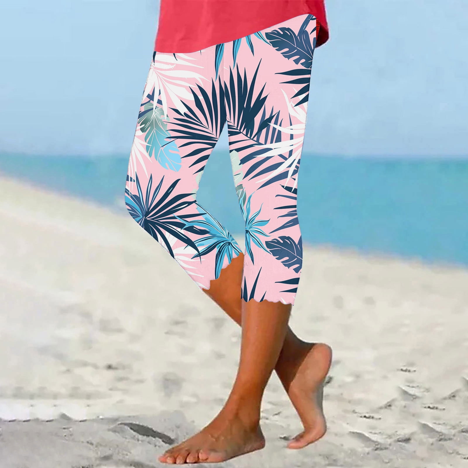 AGWOLF Women Capri Pants Plus Size Floral Beach Capris Tummy Control Yoga Pants High Waisted ...