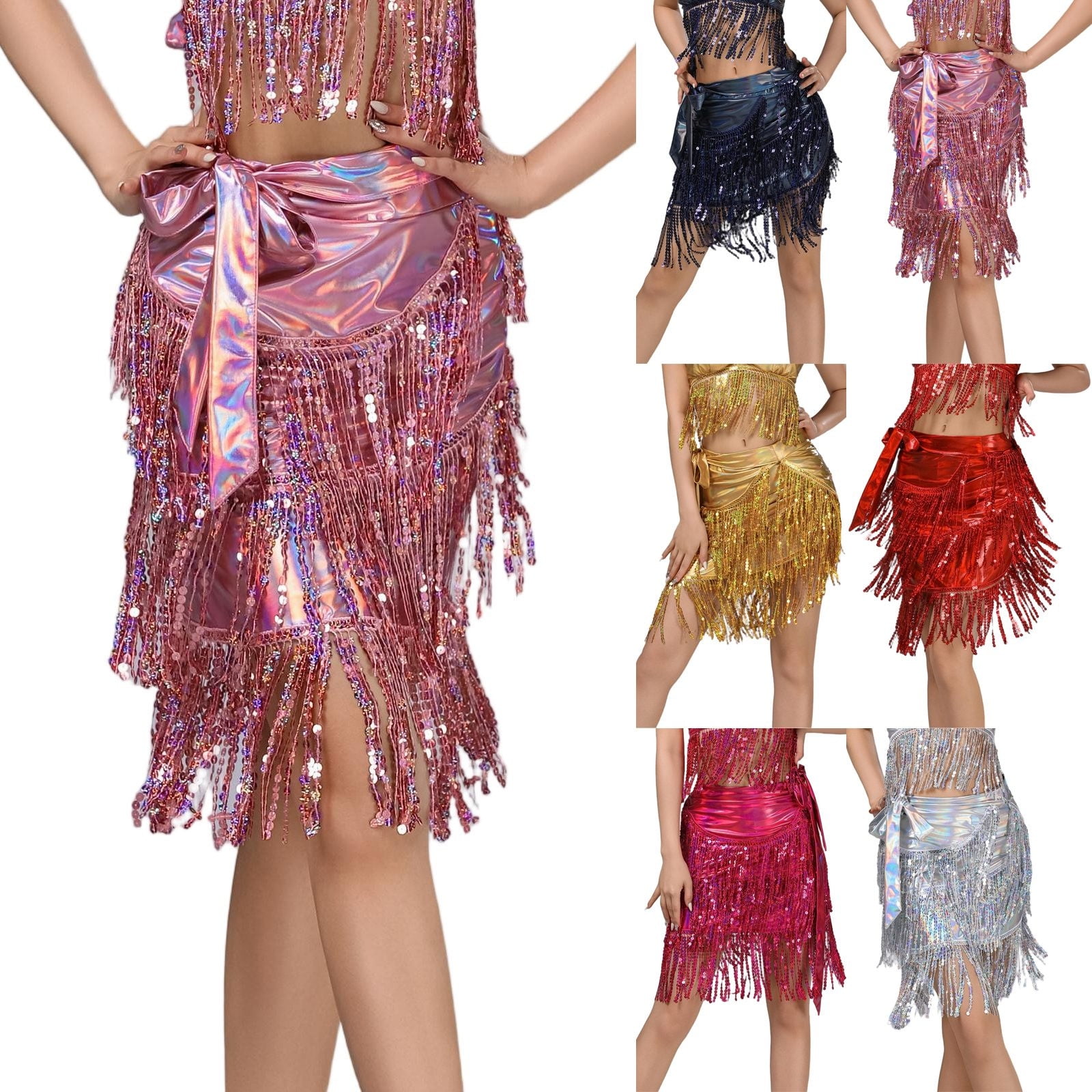 AGWOLF Women's Belly Dance Hip Scarf with Tassels Sparkly Fringe Sequin ...