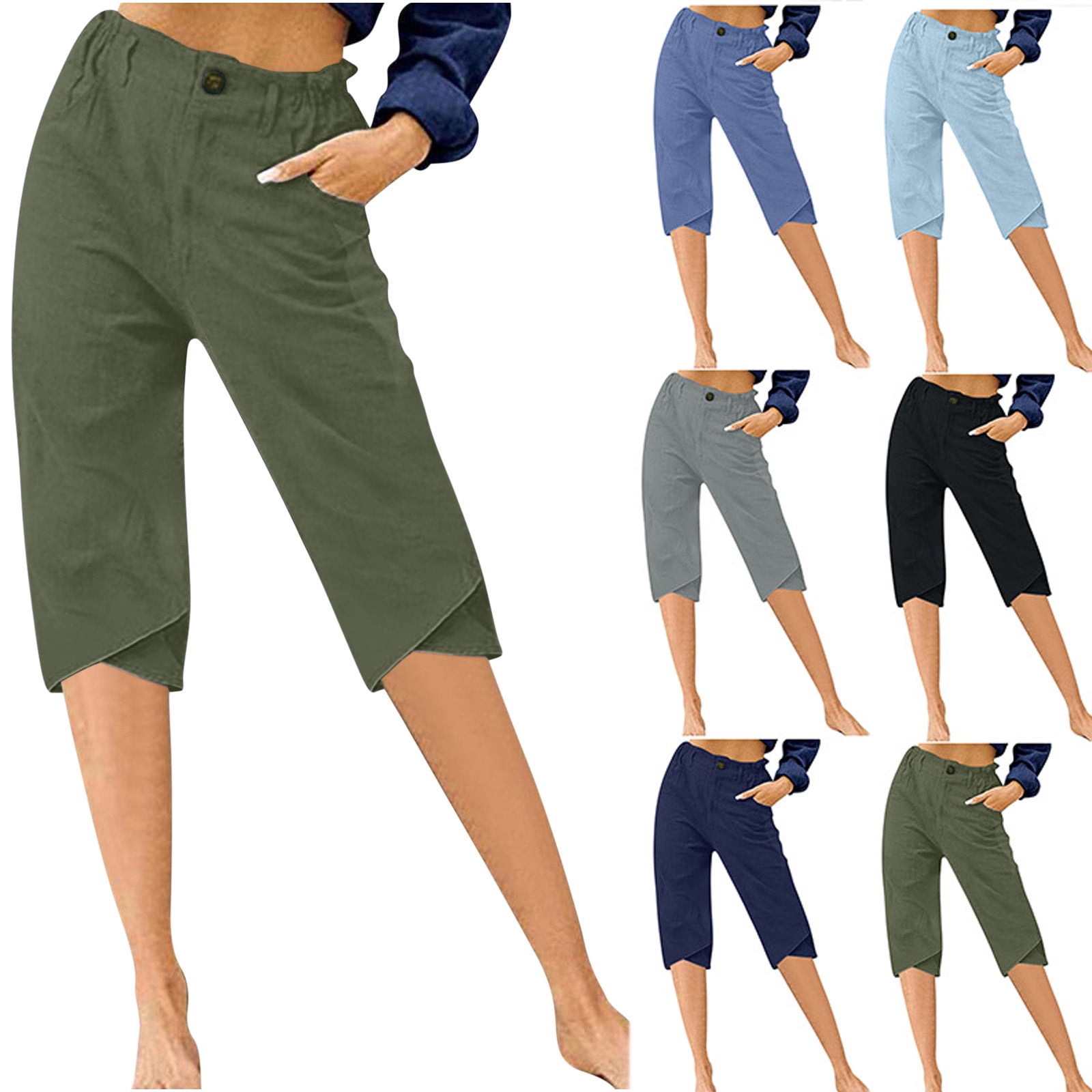 AGWOLF Women's Bermuda Shorts Knee Length Elastic Waist Summer Linen ...