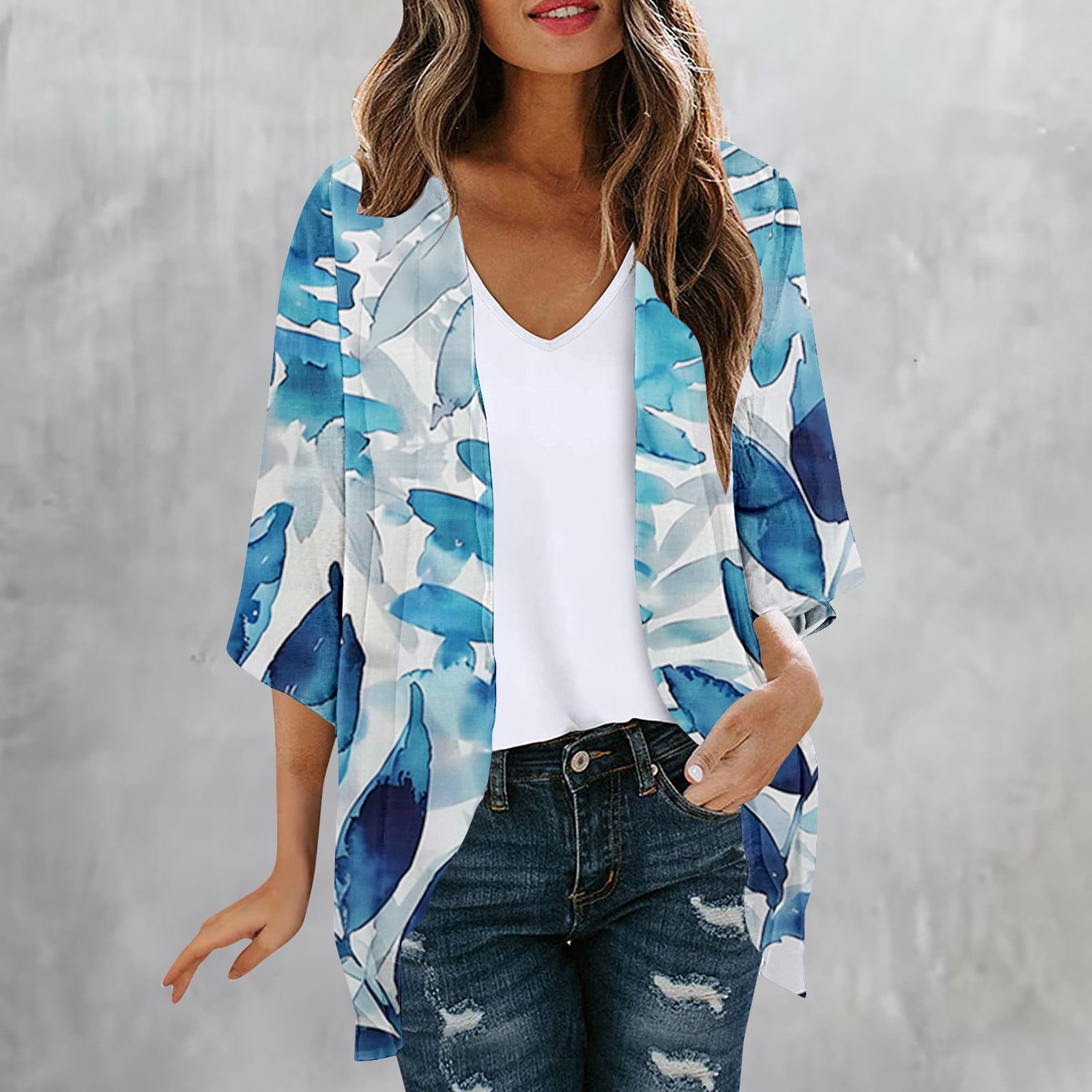 AGWOLF Women's Chiffon Kimono Floral Print Loose Casual Open Front ...