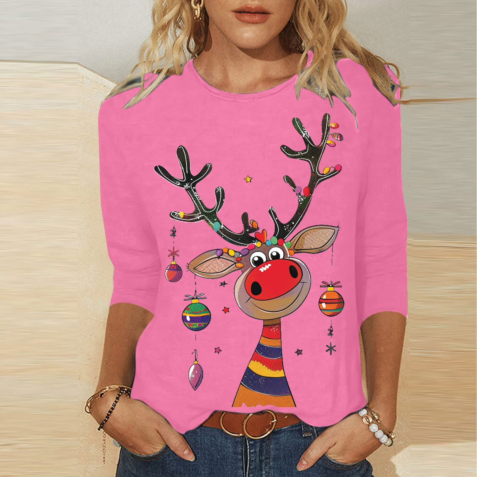 AGWOLF Women's Christmas Sweatshrits Cute Elk Print Crewneck Xmas Tops ...