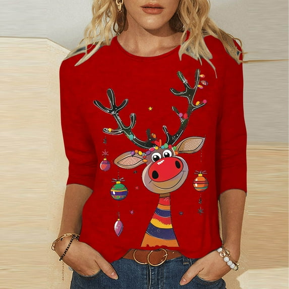 AGWOLF Women's Christmas Sweatshrits Cute Elk Print Crewneck Xmas Tops ...