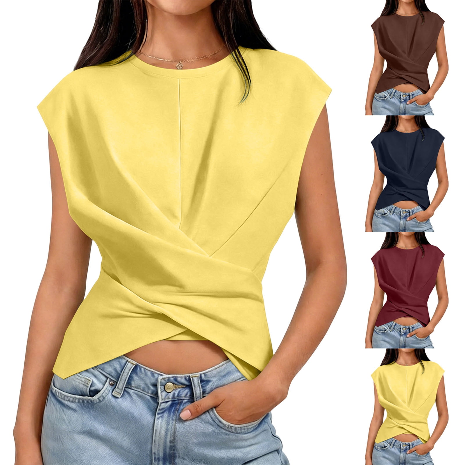 AGWOLF Women's Cinched Waist Wrap Top Cap Sleeve Tie Back Sleeveless ...