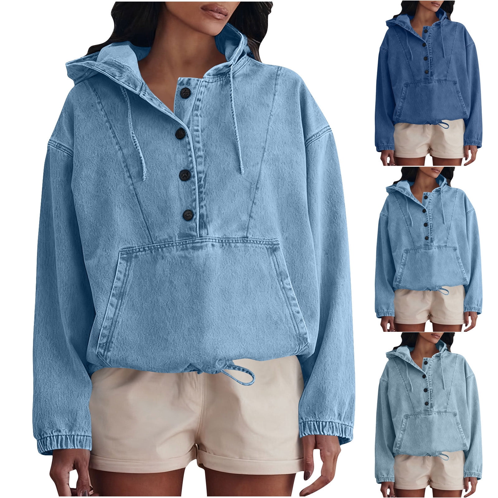 AGWOLF Women's Denim Jackets Oversized Half Button Hoodies Fashion ...