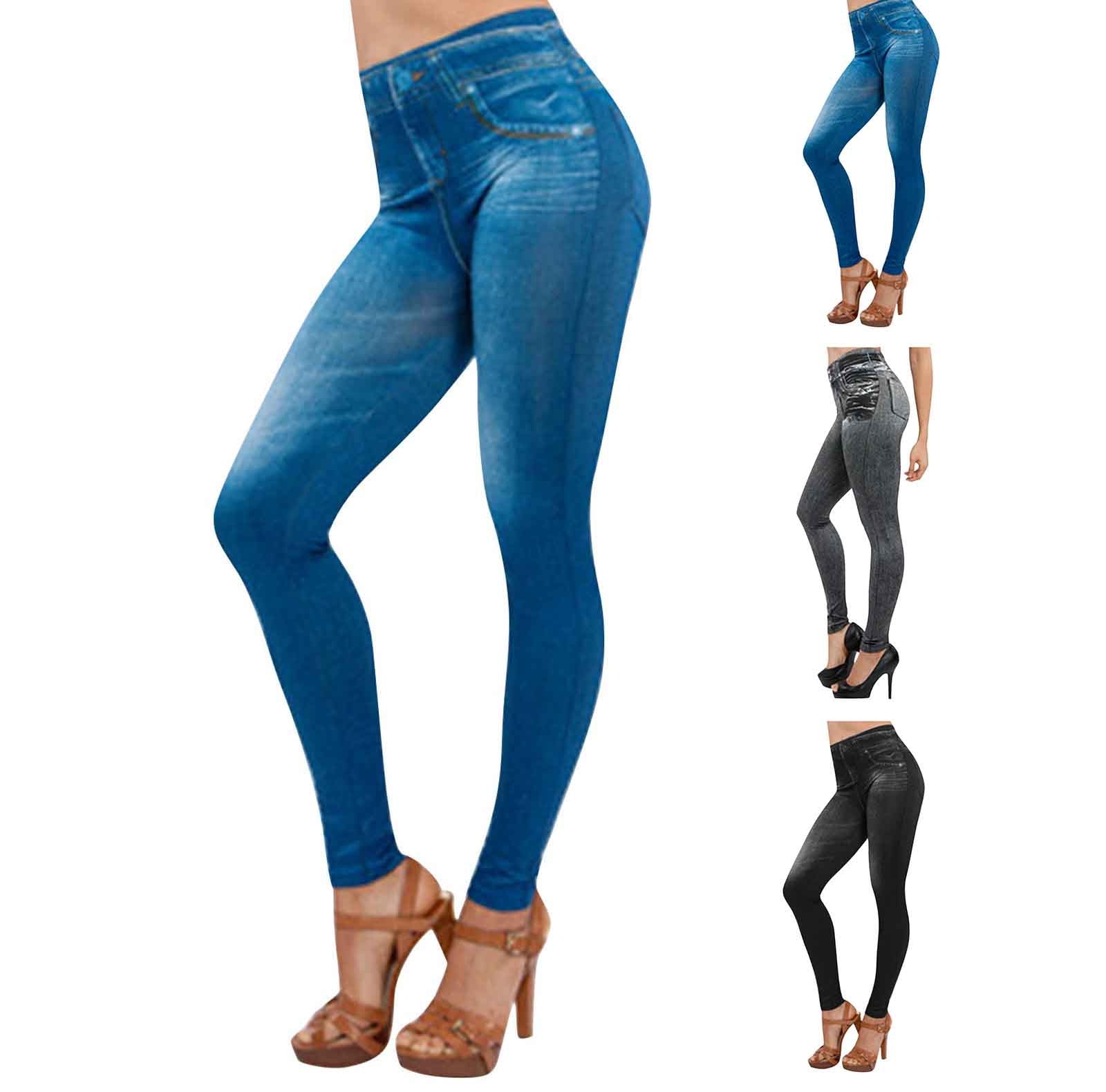 AGWOLF Women's Denim Print Leggings Trendy Stretchy Fake Jeans High ...