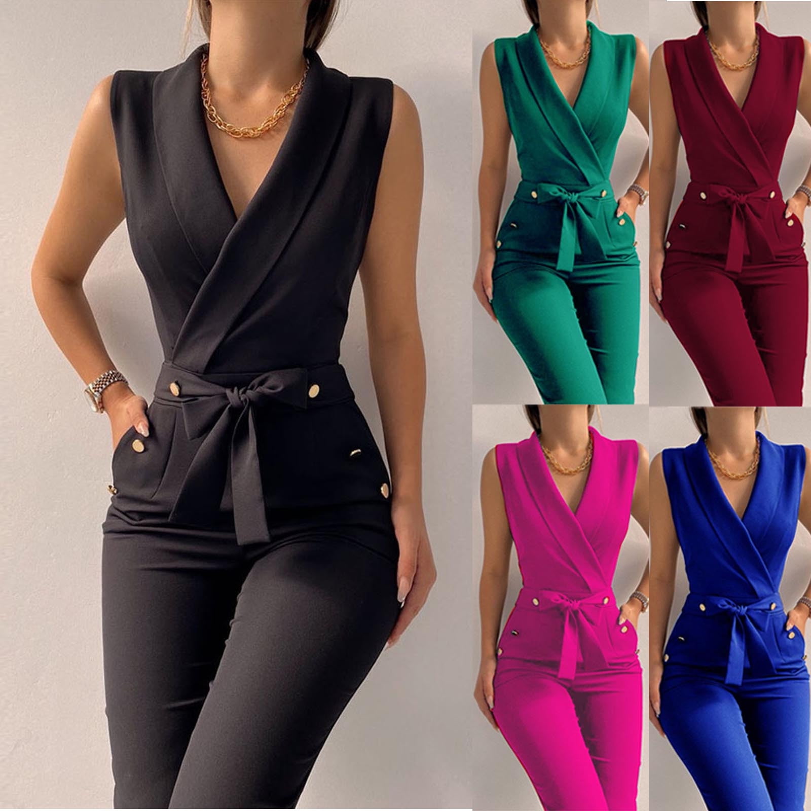 AGWOLF Women's Elegant Jumpsuits Office Work V Neck Sleeveless Suit One ...