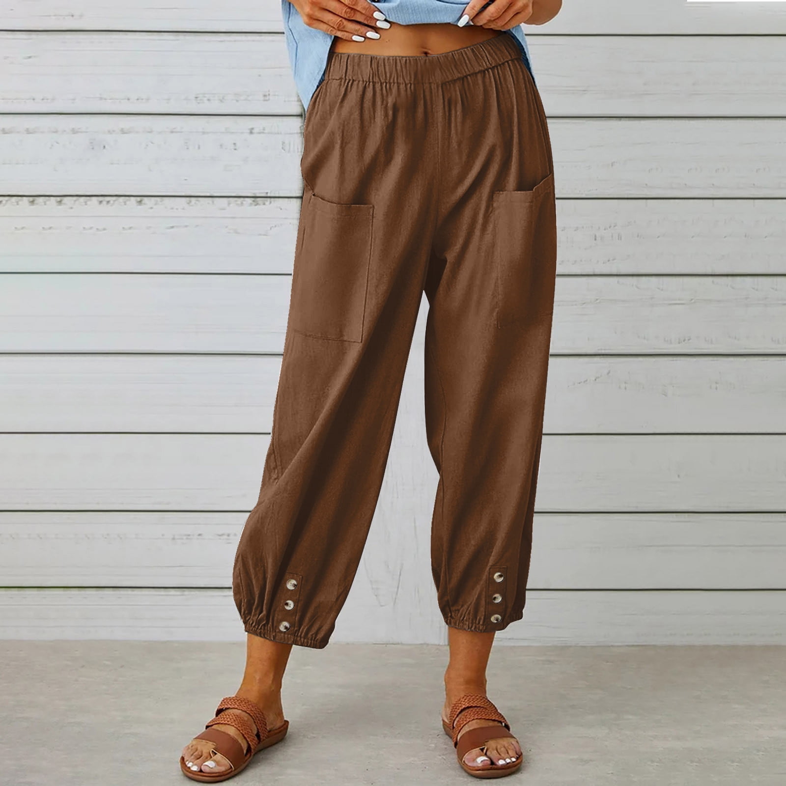 AGWOLF Women's Fringe Pants Casual Elastic High Waist Trousers Solid ...