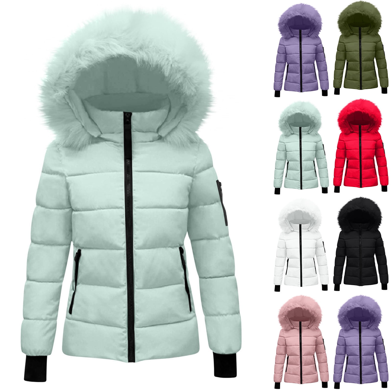 AGWOLF Women's Puffer Jackets Thermal Faux Fur Hood Coats Winter Stand Collar Zip Up Jacket with ...