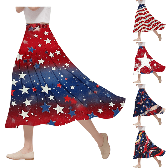 AGWOLF Women's Red White Blue Abstract Star Maxi Skirt Independence Day ...