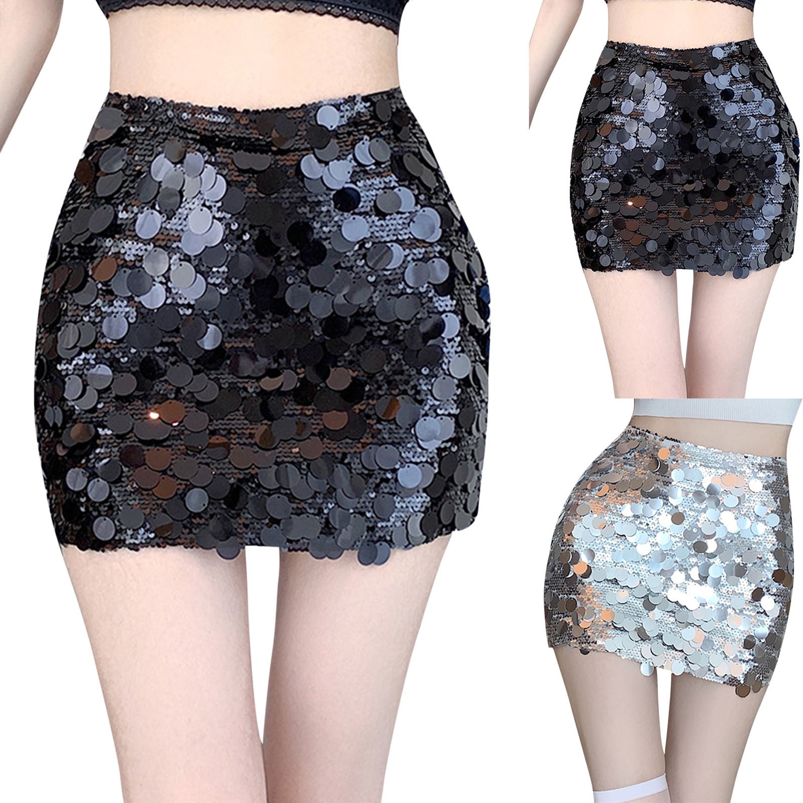 AGWOLF Women's Sequin Skirt Sparkle Stretchy Bodycon Mini Skirts Night ...