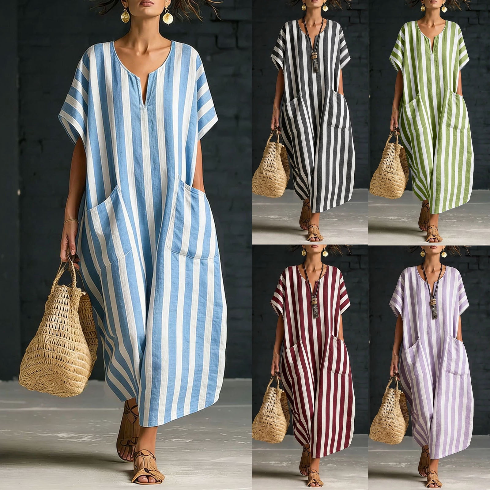 AGWOLF Women's Striped Maxi Shirt Dress Short Sleeve Oversized Dresses ...
