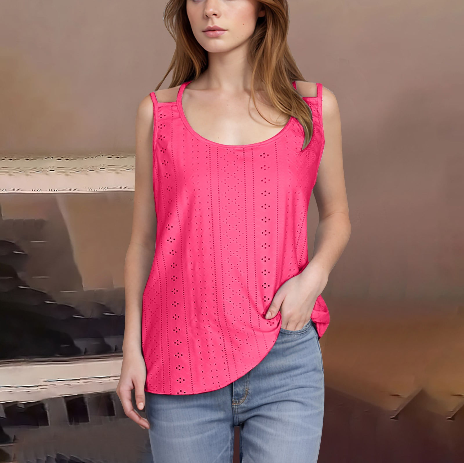 AGWOLF Women's Tank Tops Eyelet Embroidery Sleeveless Spaghetti Strap Tops Scoop Neck Loose Fit ...