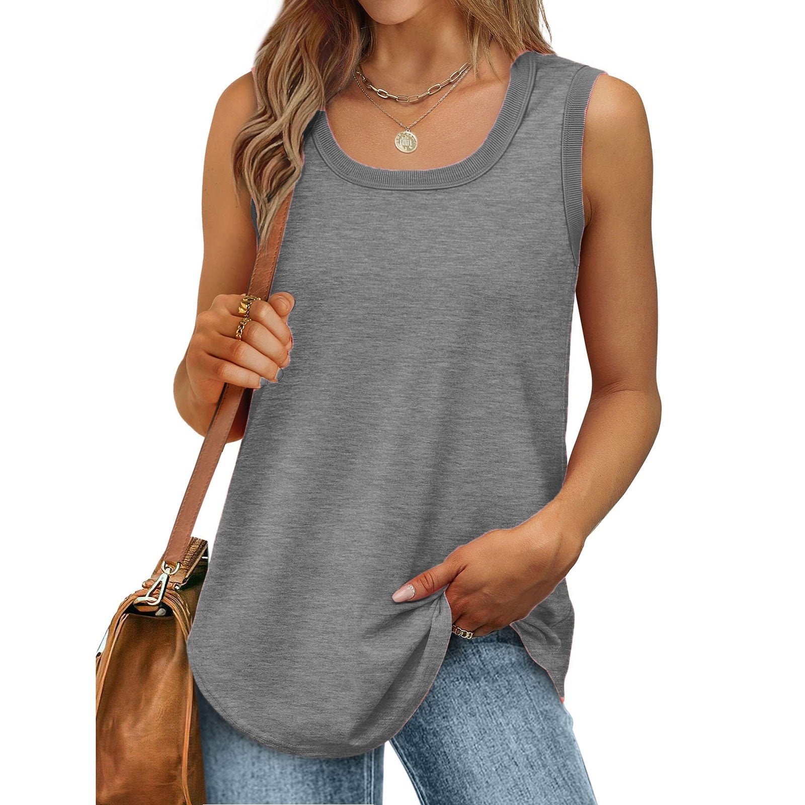 AGWOLF Women's Tank Tops Loose Fit Ribbed Trim Round Neck Shirts Flowy ...