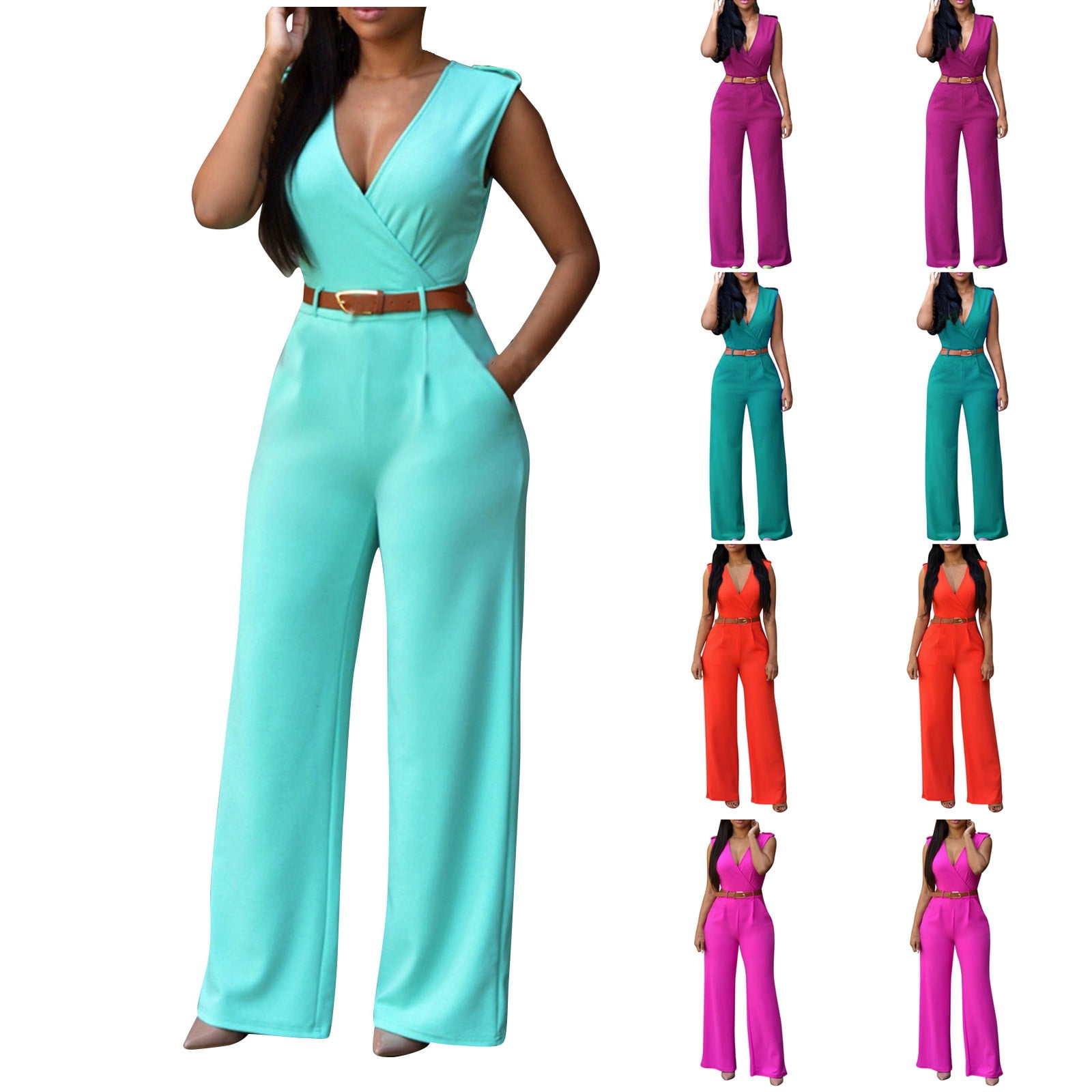 AGWOLF Women's V Neck Wrap Jumpsuits Dressy Casual Sleeveless One Piece ...