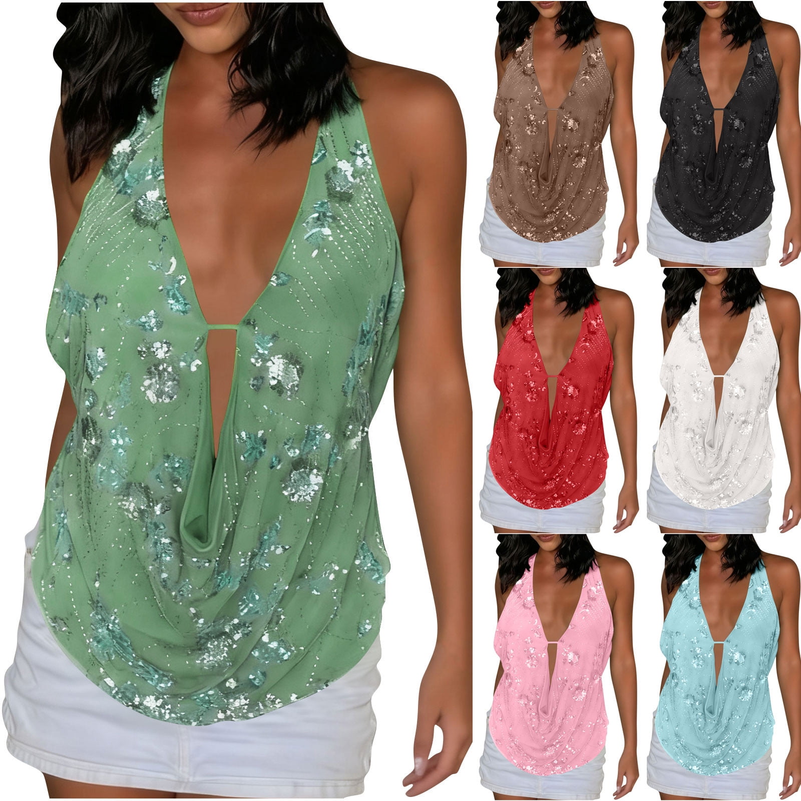 AGWOLF Women's Y2k Sparkly Sequin Shirts Beaded Halter Deep V Neck Tank ...