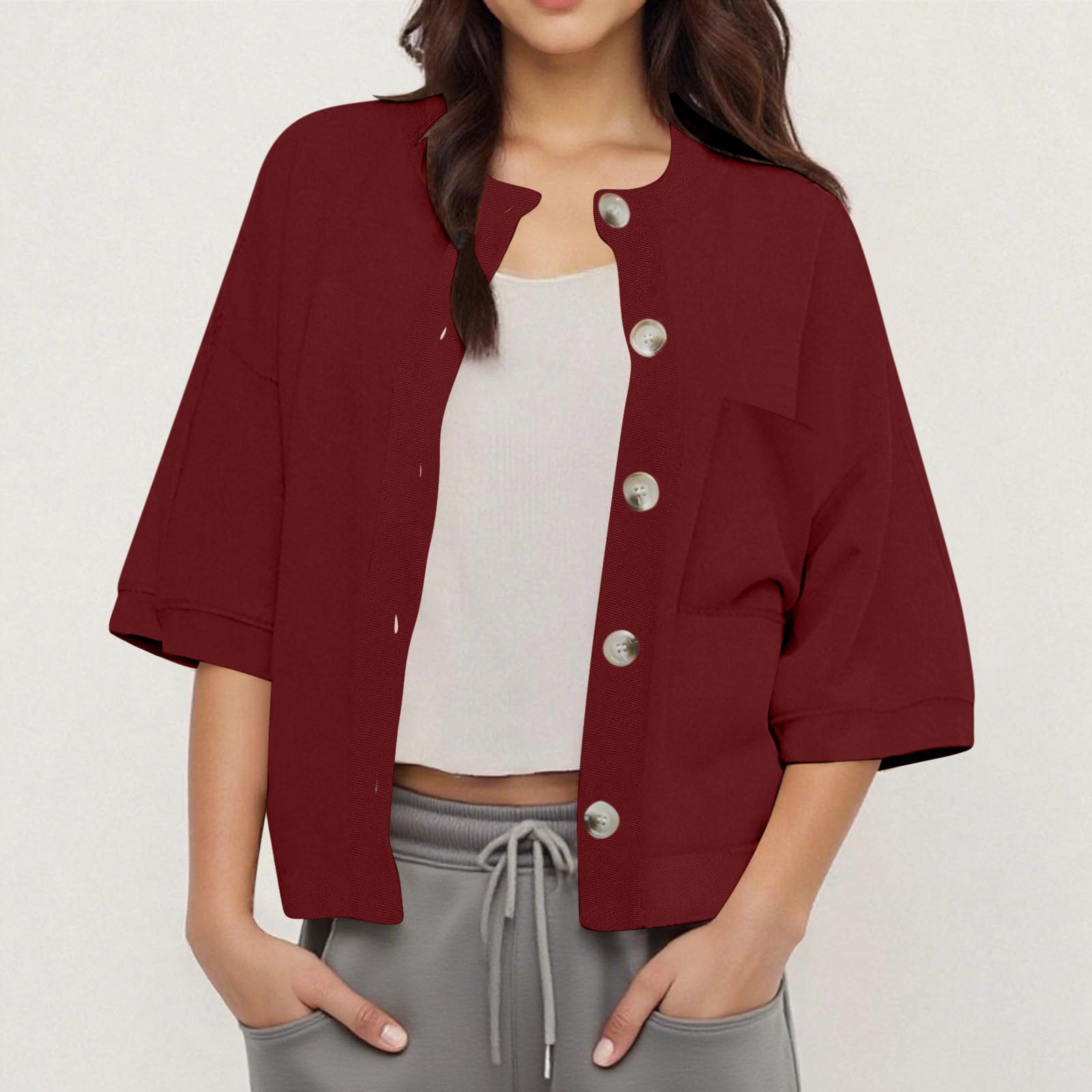 AGWOLF Womens Button Down Sweatshirts Casual 3/4 Sleeve Preppy Jacket ...