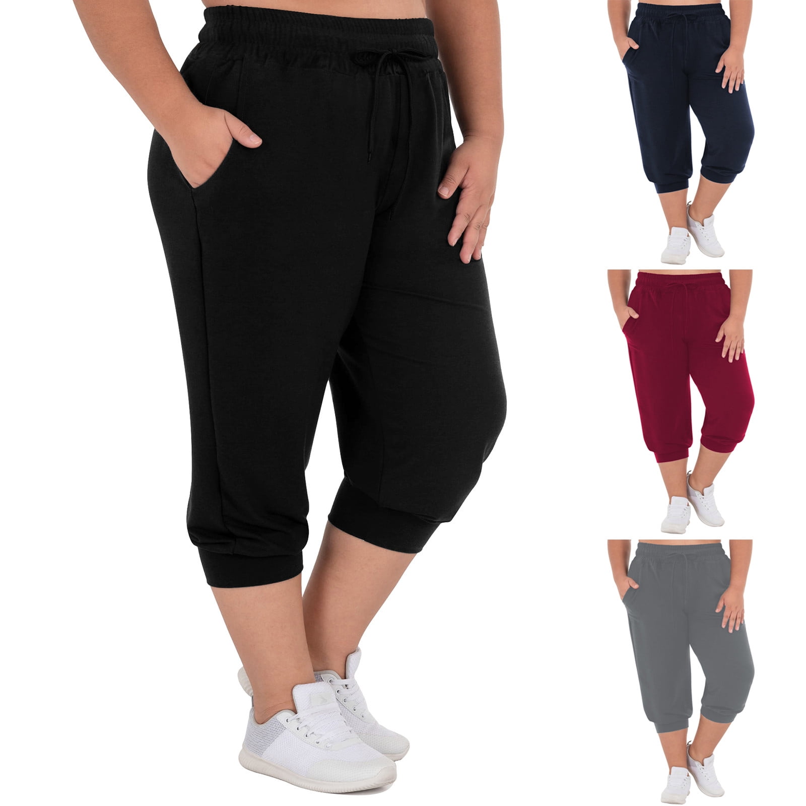 AGWOLF Womens Capri Sweatpants Joggers Plus Size Cropped Jogging Pants Loose Soft Drawstring ...