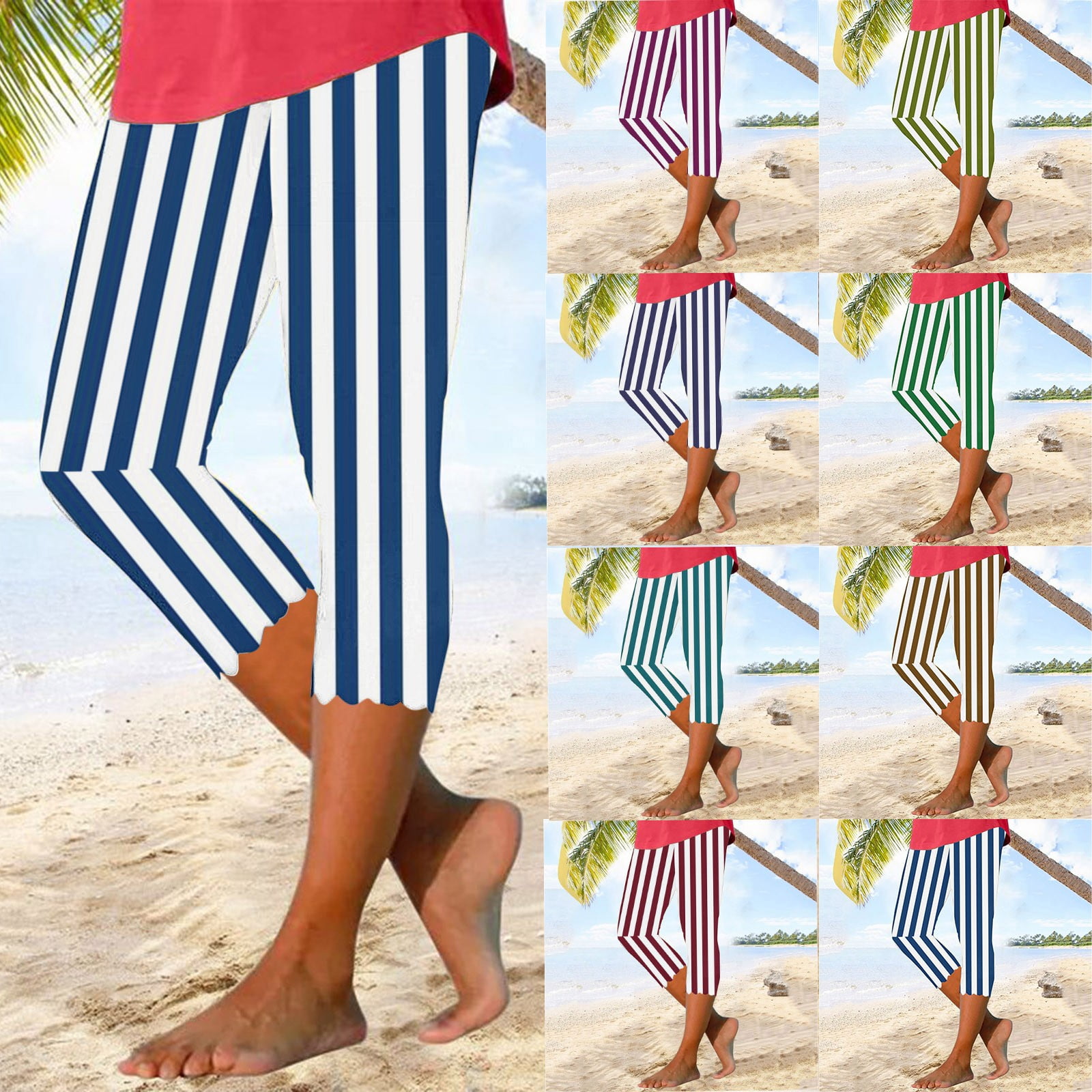 AGWOLF Womens Capris for Summer High Waisted Tummy Control Capri Leggings 2025 Dressy Striped ...