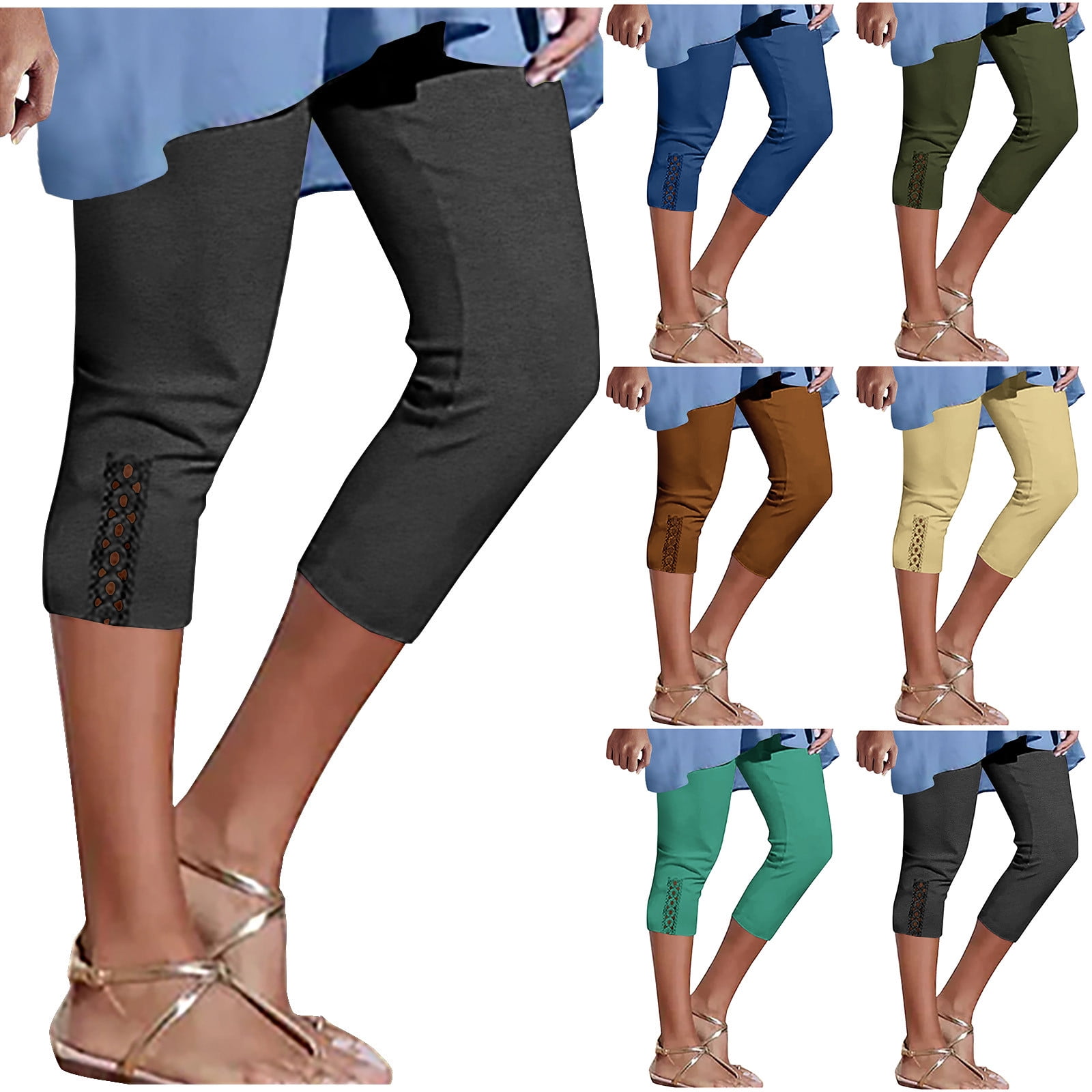 AGWOLF Womens Capris for Summer High Waisted Solid Color Knee Length Leggings Stretch for Casual ...