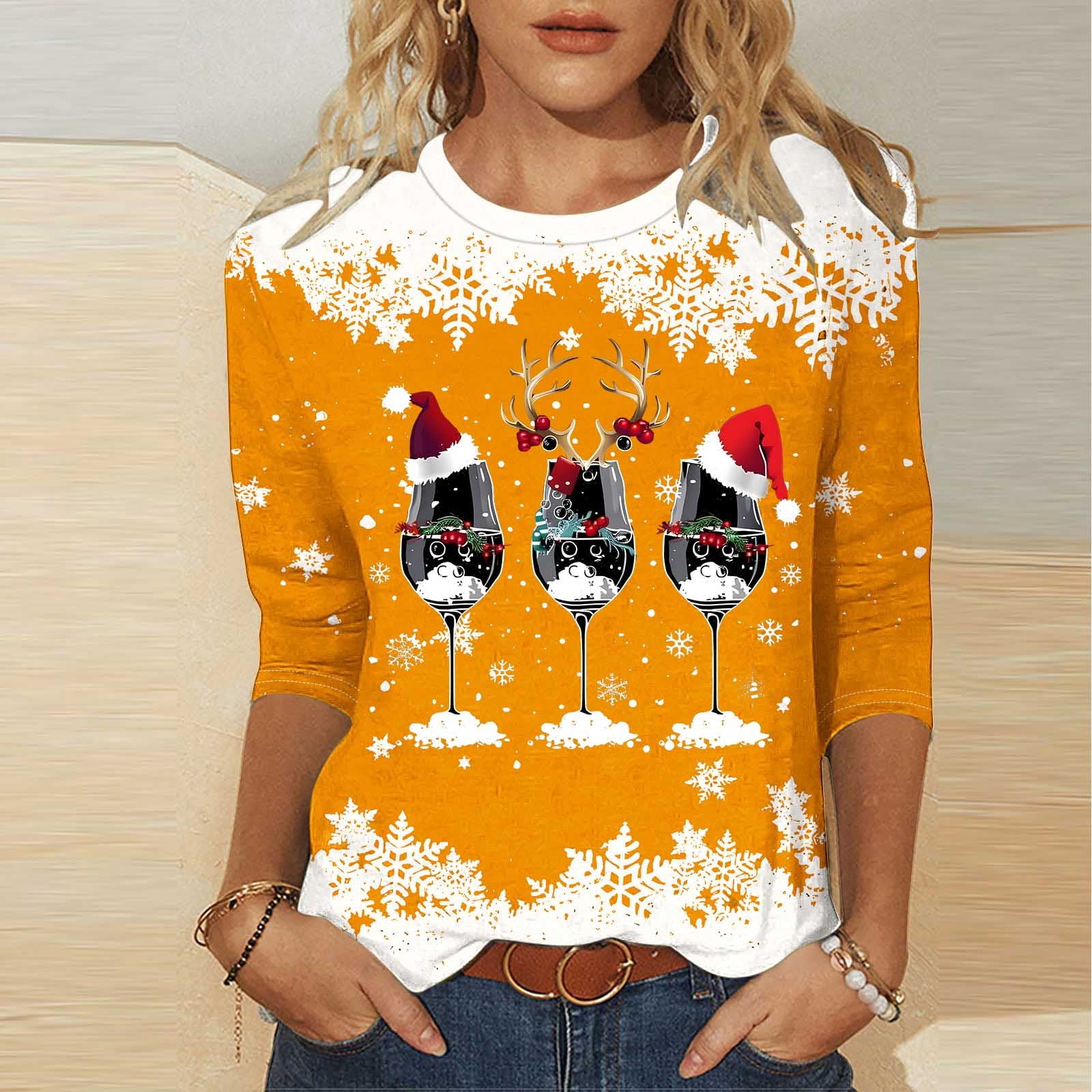 AGWOLF Womens Christmas Shirts Cute 3/4 Length Sleeve Xmas Pullover ...