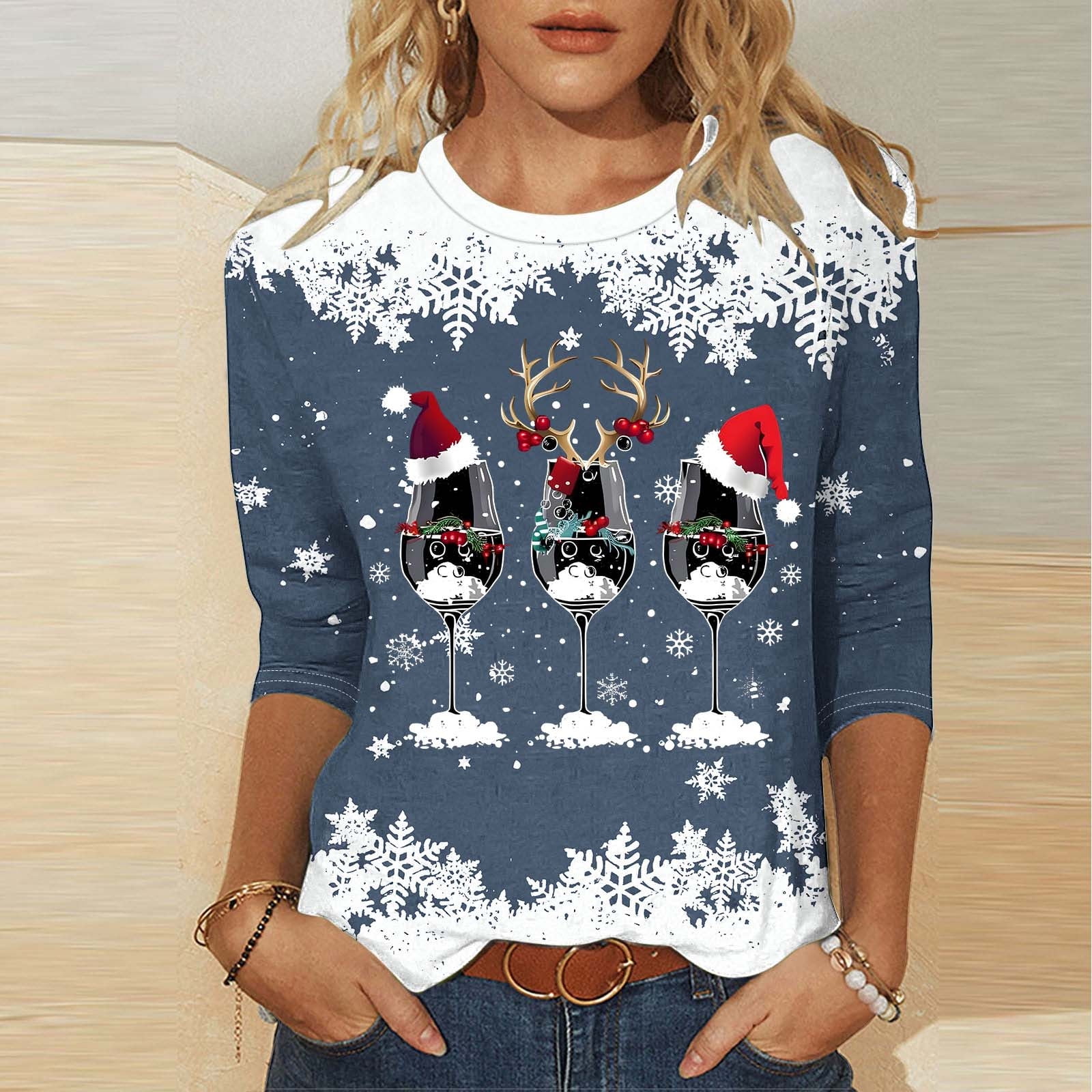 AGWOLF Womens Christmas Shirts Cute 3/4 Length Sleeve Xmas Pullover ...