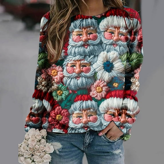 AGWOLF Womens Christmas Shrits Cute 3D Santa Print Knit Pullover Long ...