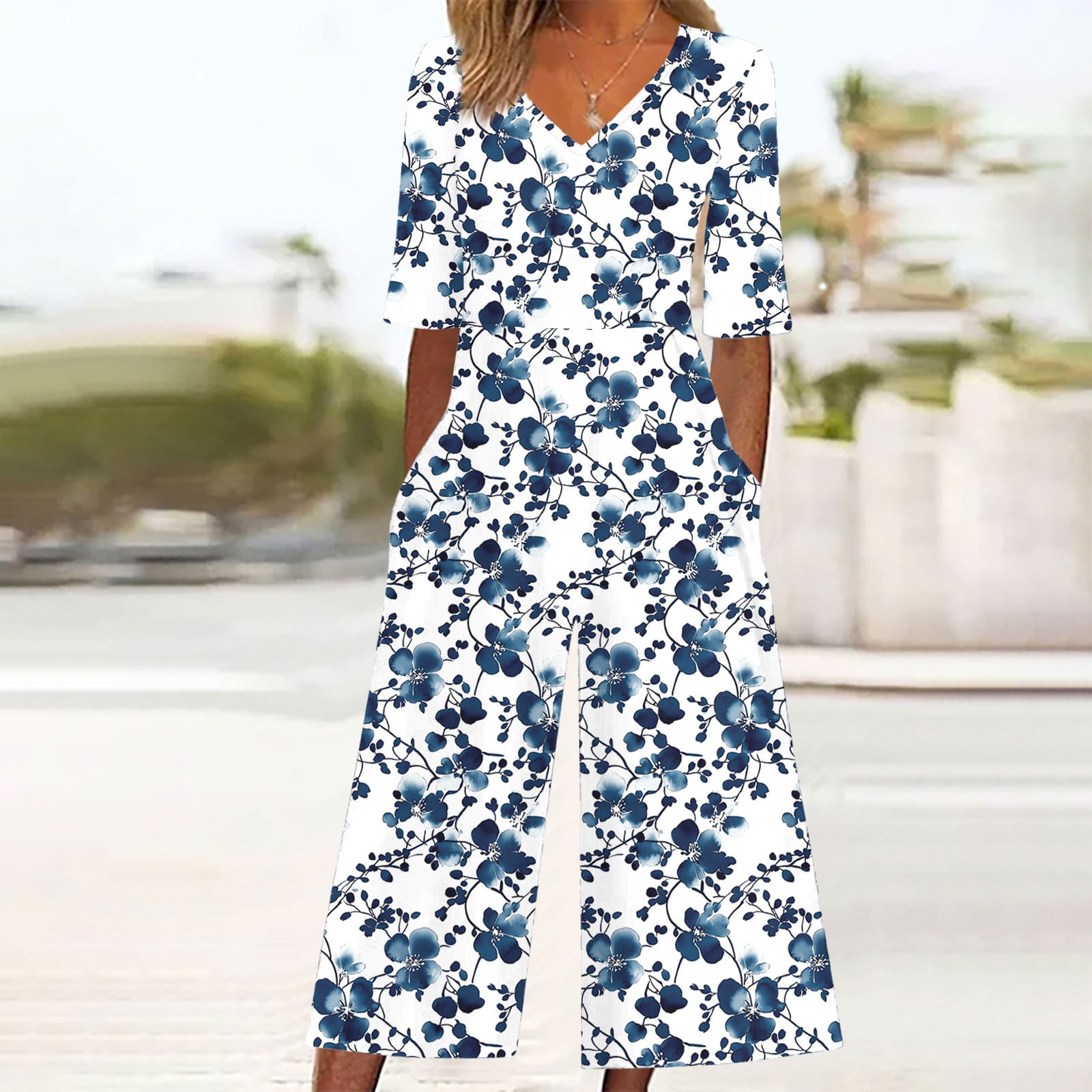 AGWOLF Womens Floral Boho Jumpsuit Dressy V Neck Short Sleeve Rompers ...