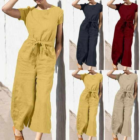 AGWOLF Womens Linen Jumpsuits Dressy Casual Short Sleeve One Piece ...
