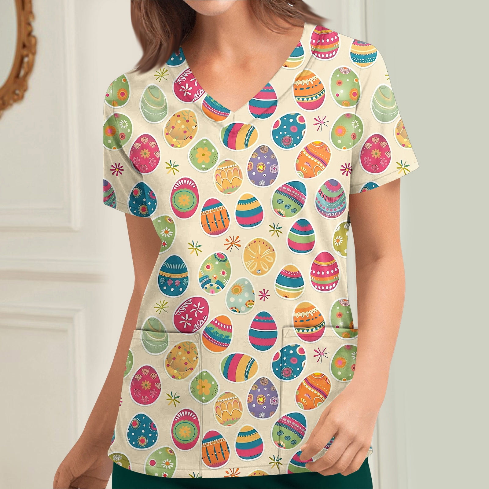 AGWOLF Womens Nursing Scrub Tops Easter Egg Printed Working Uniform ...