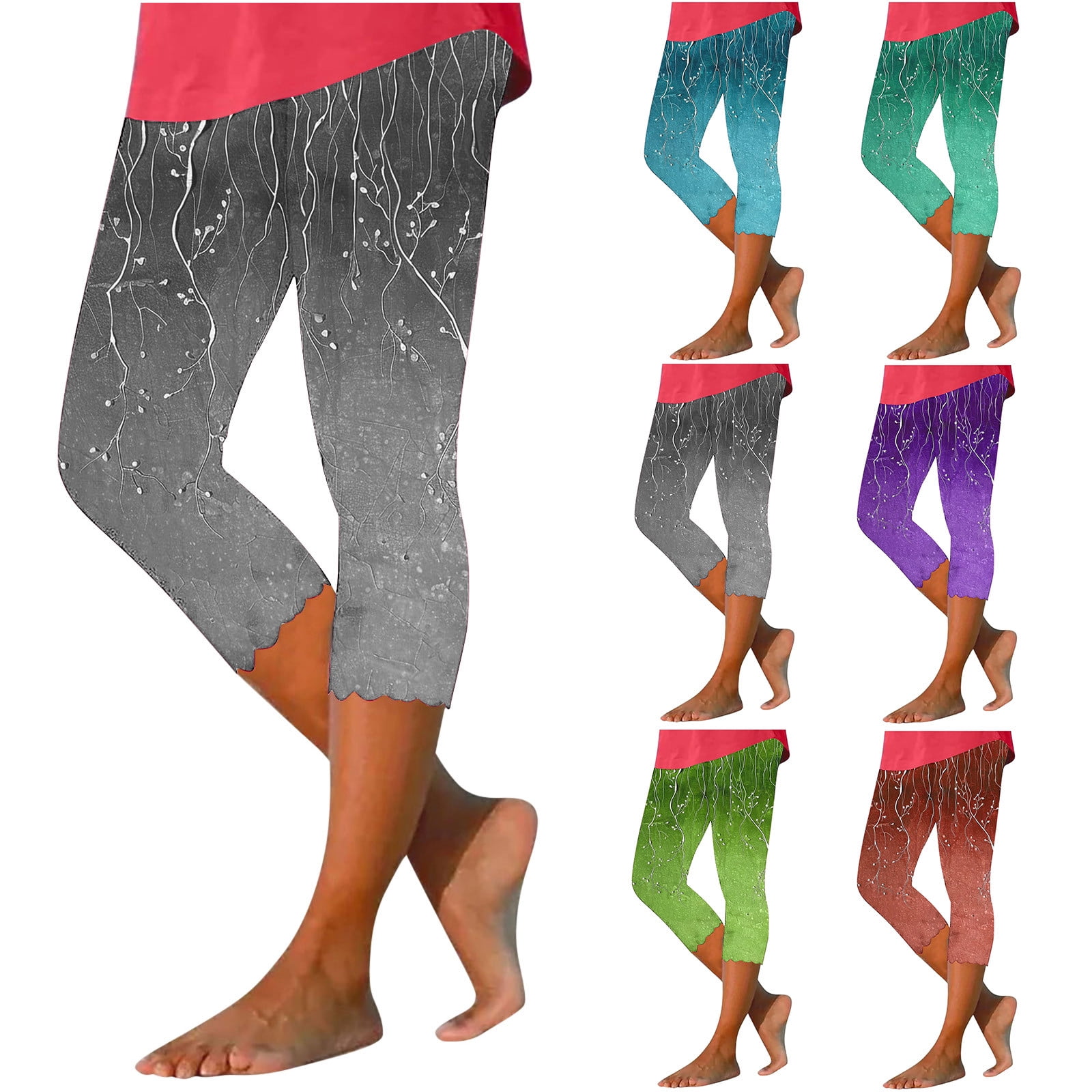 AGWOLF Womens Plus Size Capri Leggings Trendy Printed High Waist Capris Tummy Control Knee ...