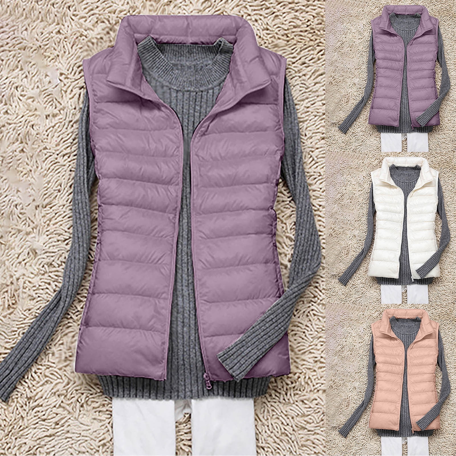AGWOLF Womens Puffer Vests Casual Stand Collar Sleeveless Jackets Light ...