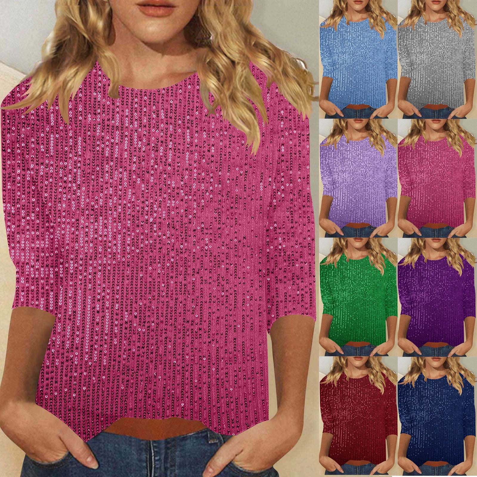 AGWOLF Womens Sequin Holiday Tops 3/4 Sleeve Sparkly Tshirts Fashion ...