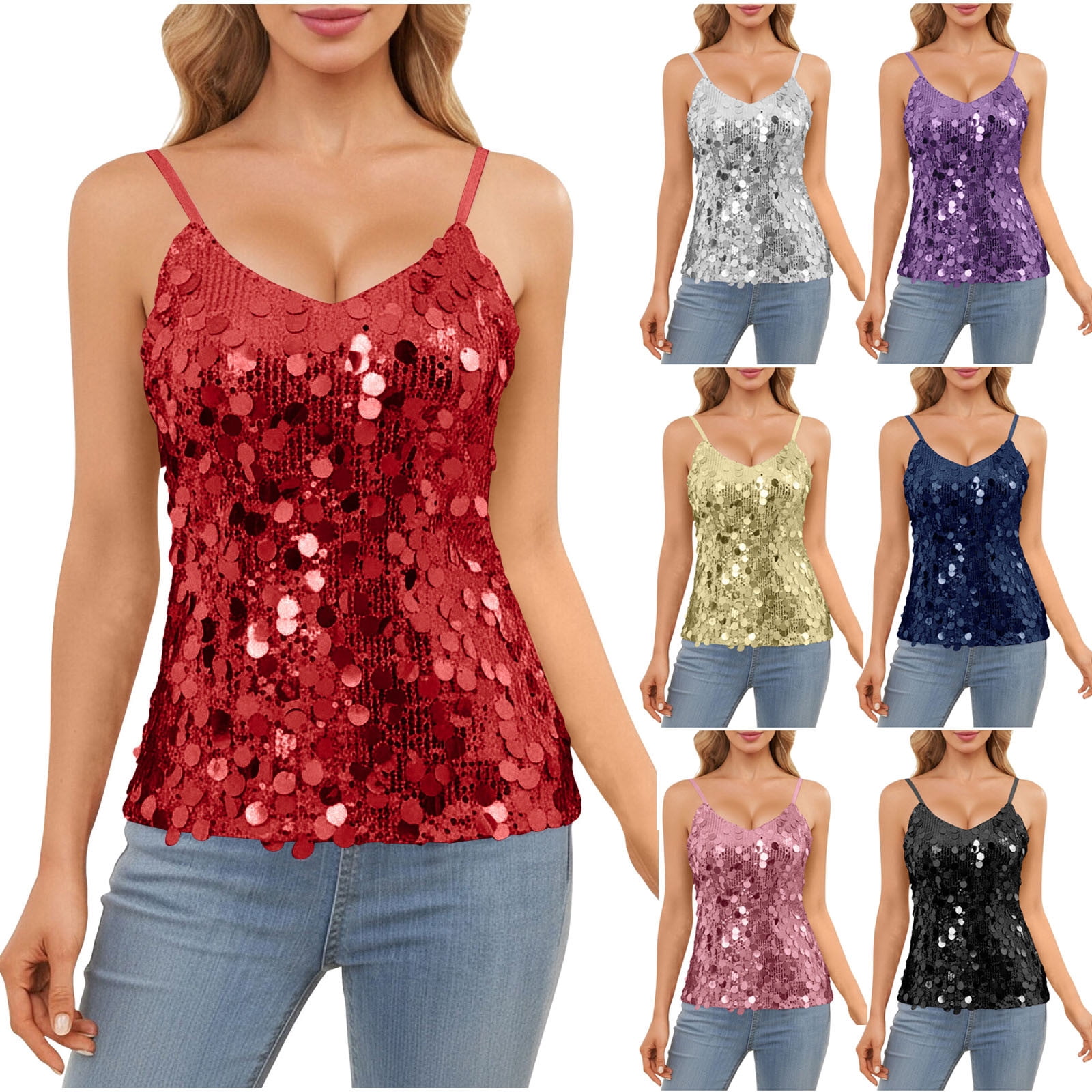 AGWOLF Womens Sequin Tops Sparkly Glitter Party Tanks Strappy ...