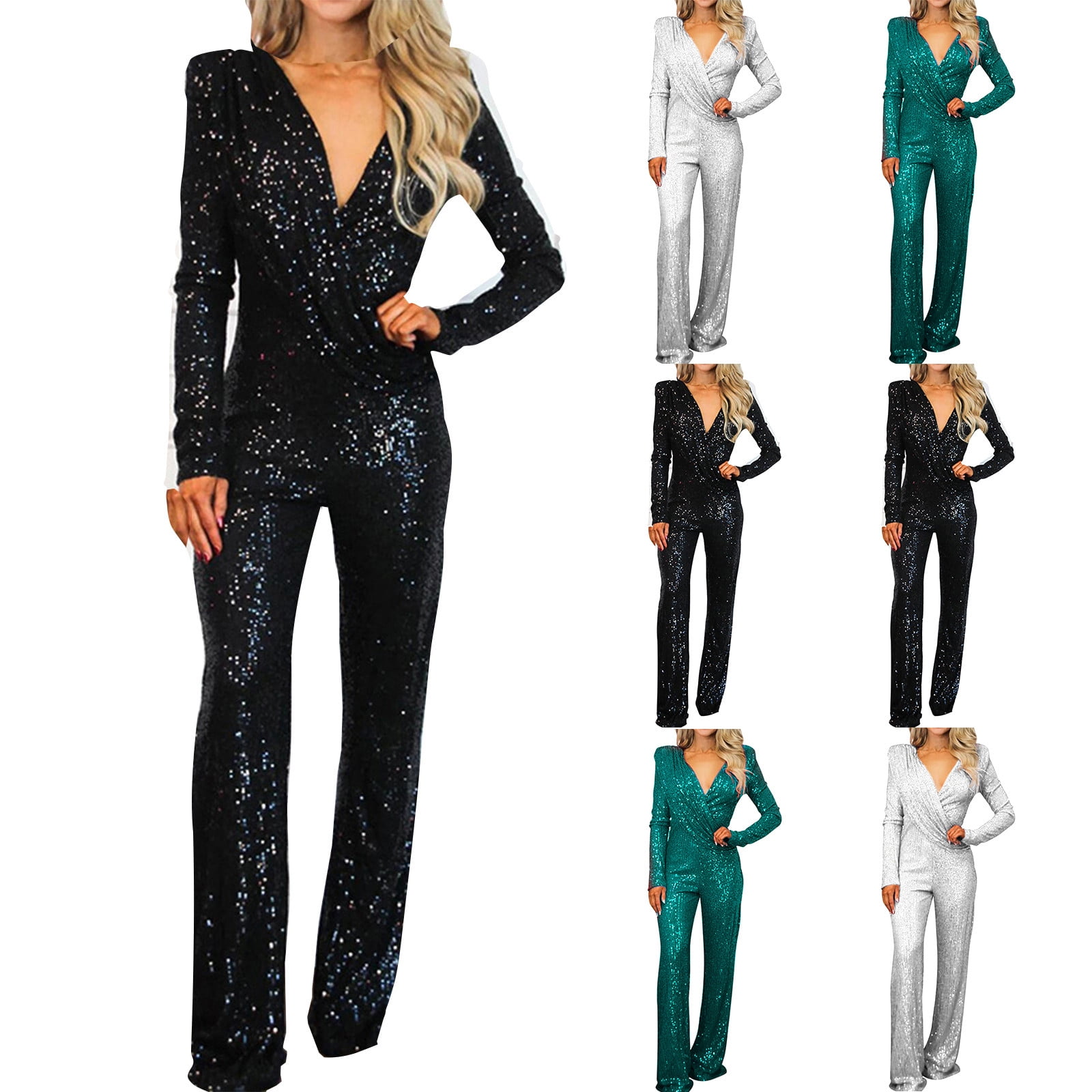 AGWOLF Womens V Neck Jumpsuits Sparkly Long Sleeve Party Rompers Dressy ...